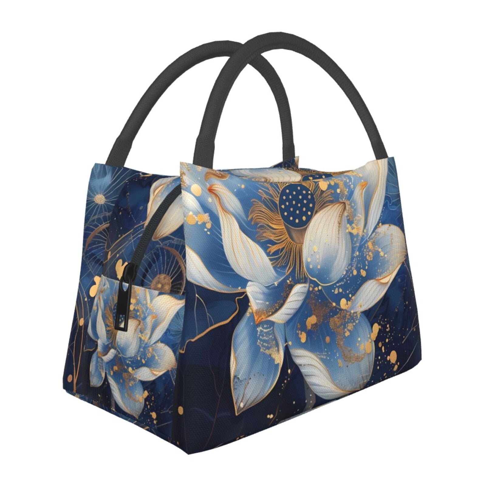Vsdgher Blue Golden Dream Lotus Print Insulated Reusable Bags with ...