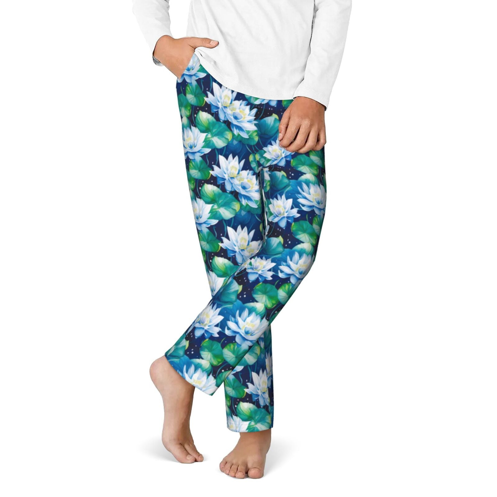 Vsdgher Blue Lotus Flower Print Kids Pajama Pants,Long Sleep Plaid ...