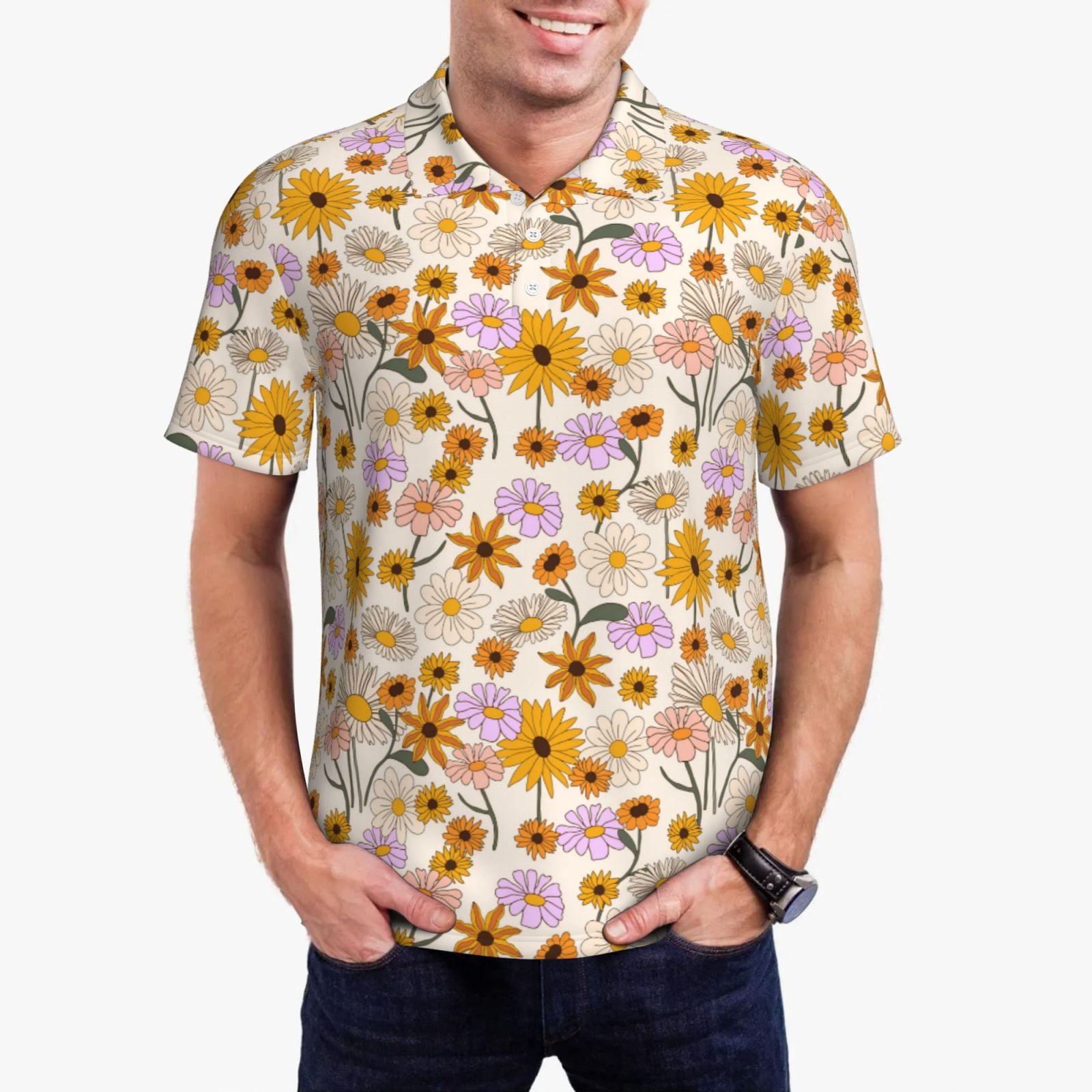 Vsdgher Boho Flowers Polo Shirts for Men, Men's Short Sleeve Stretch ...