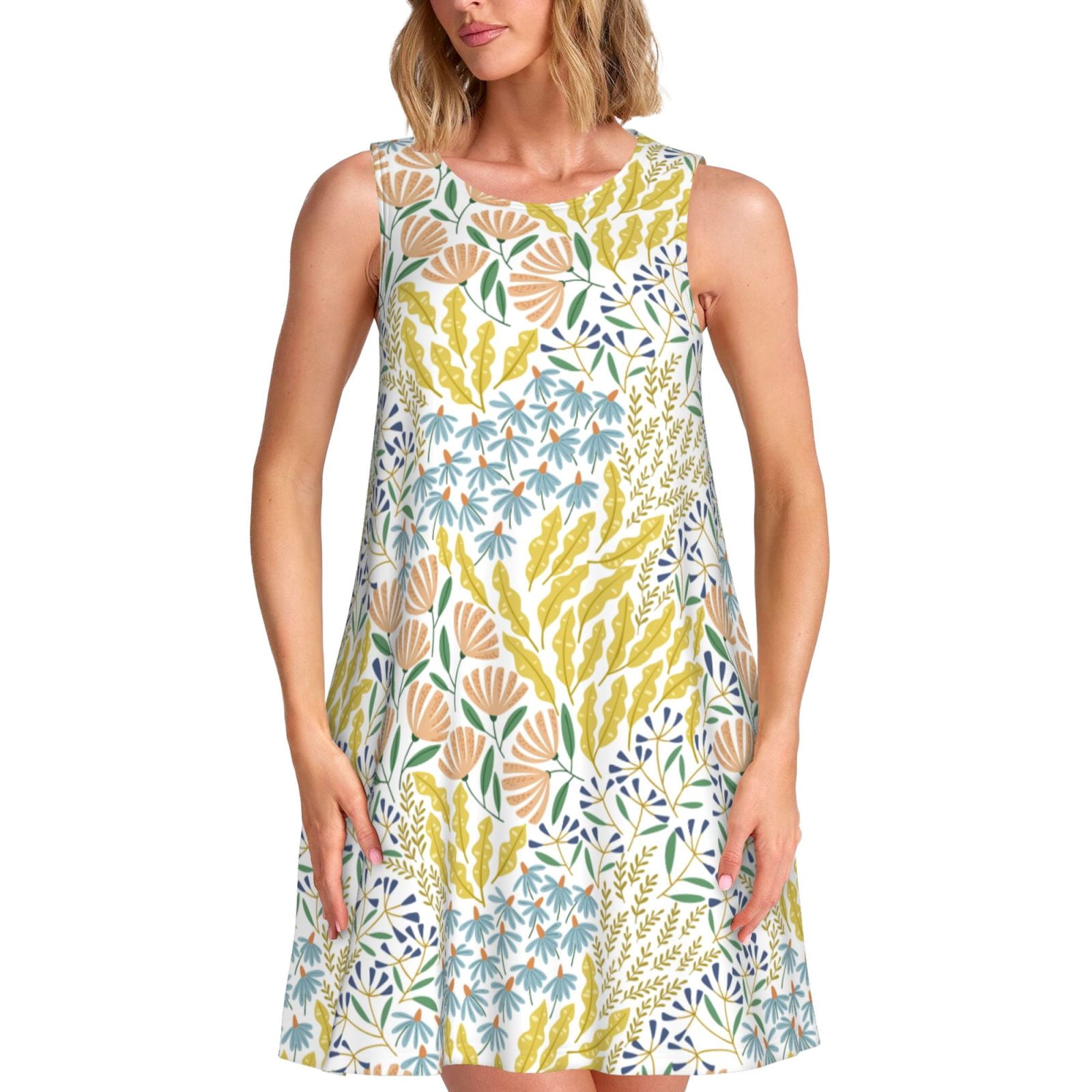 Vsdgher Boho Print Summer Dresses for Women Casual U Neck Beach Dress ...