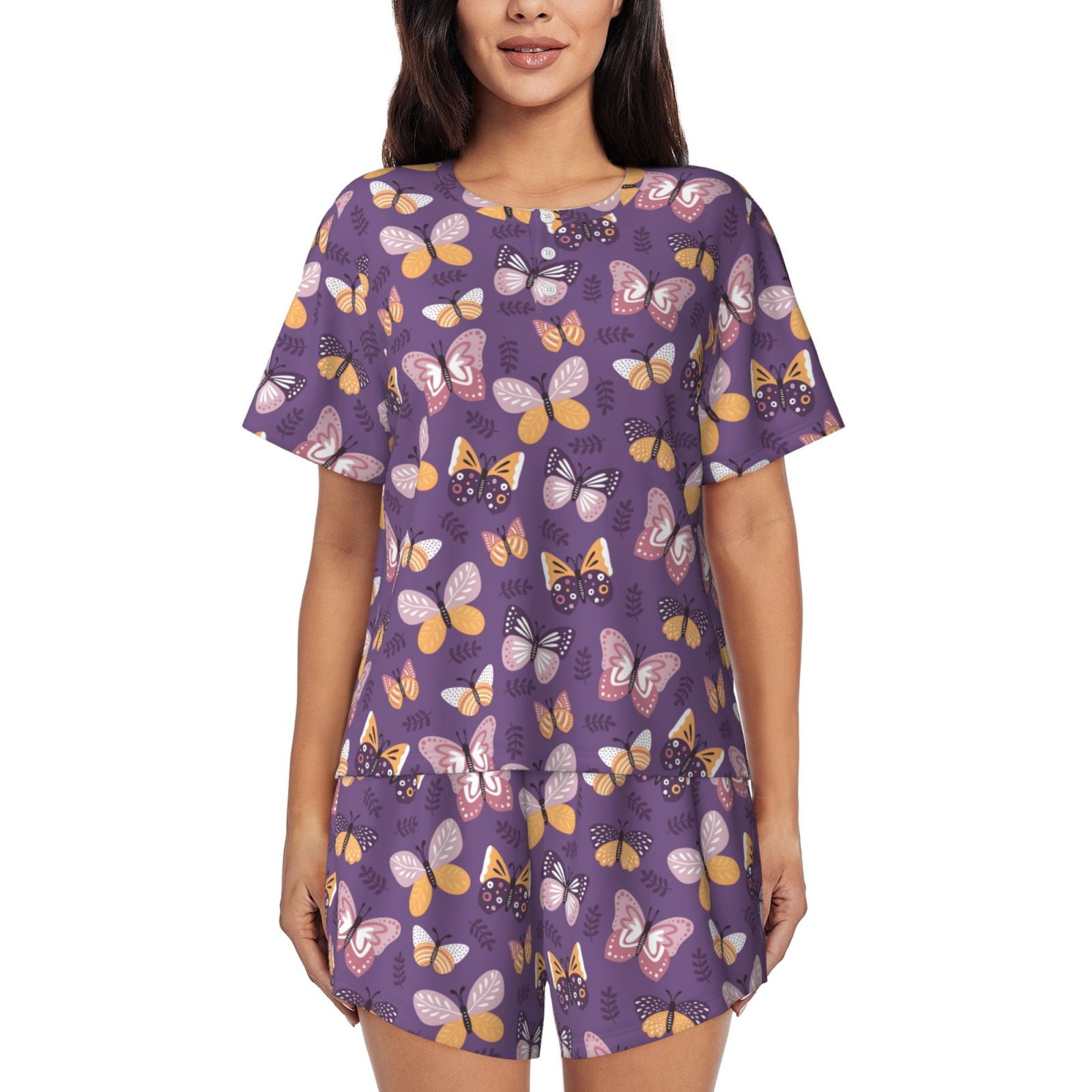 Vsdgher Butterflies And Floral Pattern Womens Pajamas 2 Piece Short ...