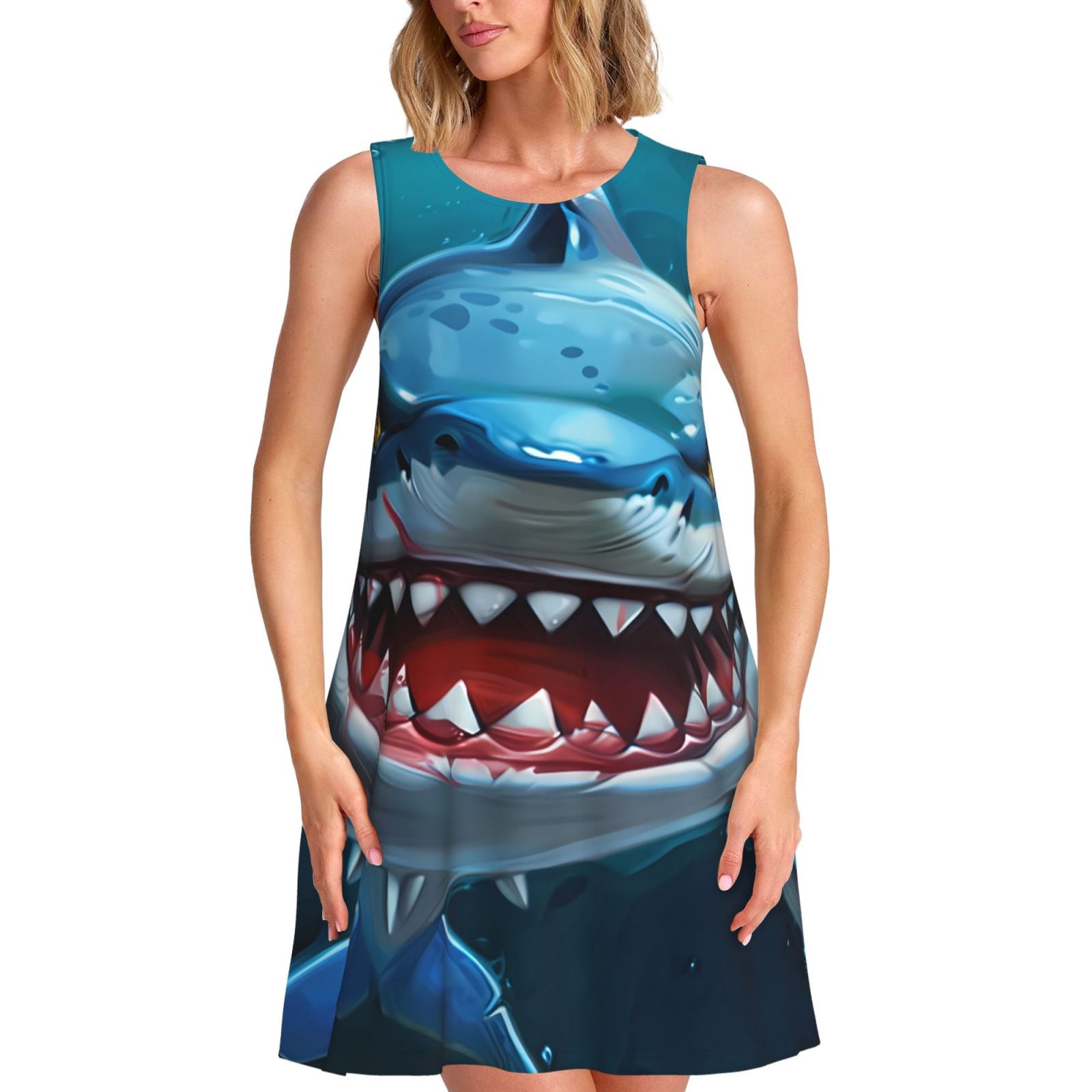 Vsdgher Cartoon Cute Shark Print Summer Dresses for Women Casual U Neck ...