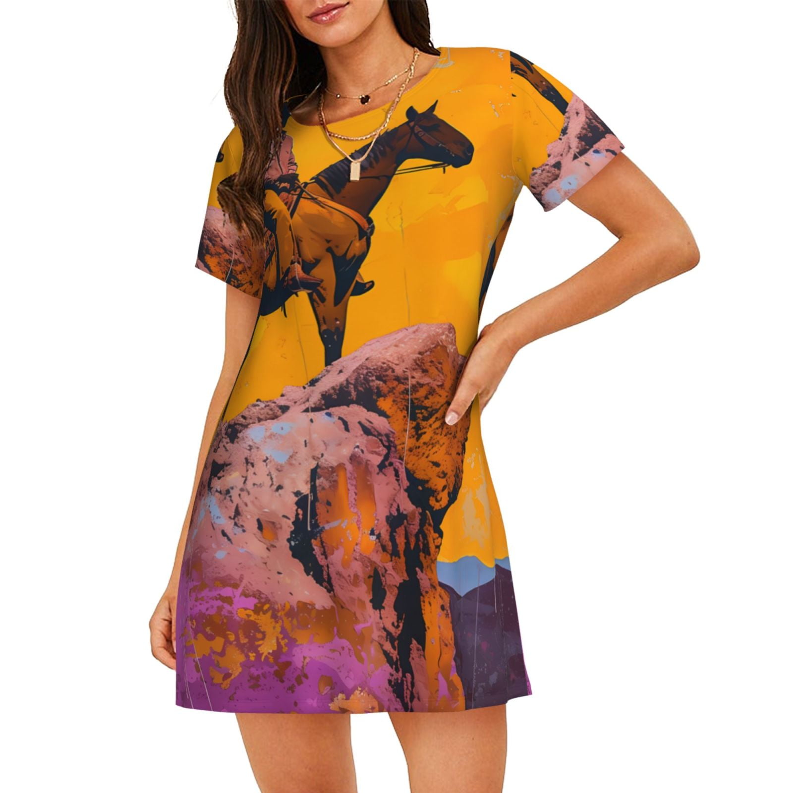 Vsdgher Cliff Western Cowboy Pattern Womens Short Sleeve Sleepshirt ...