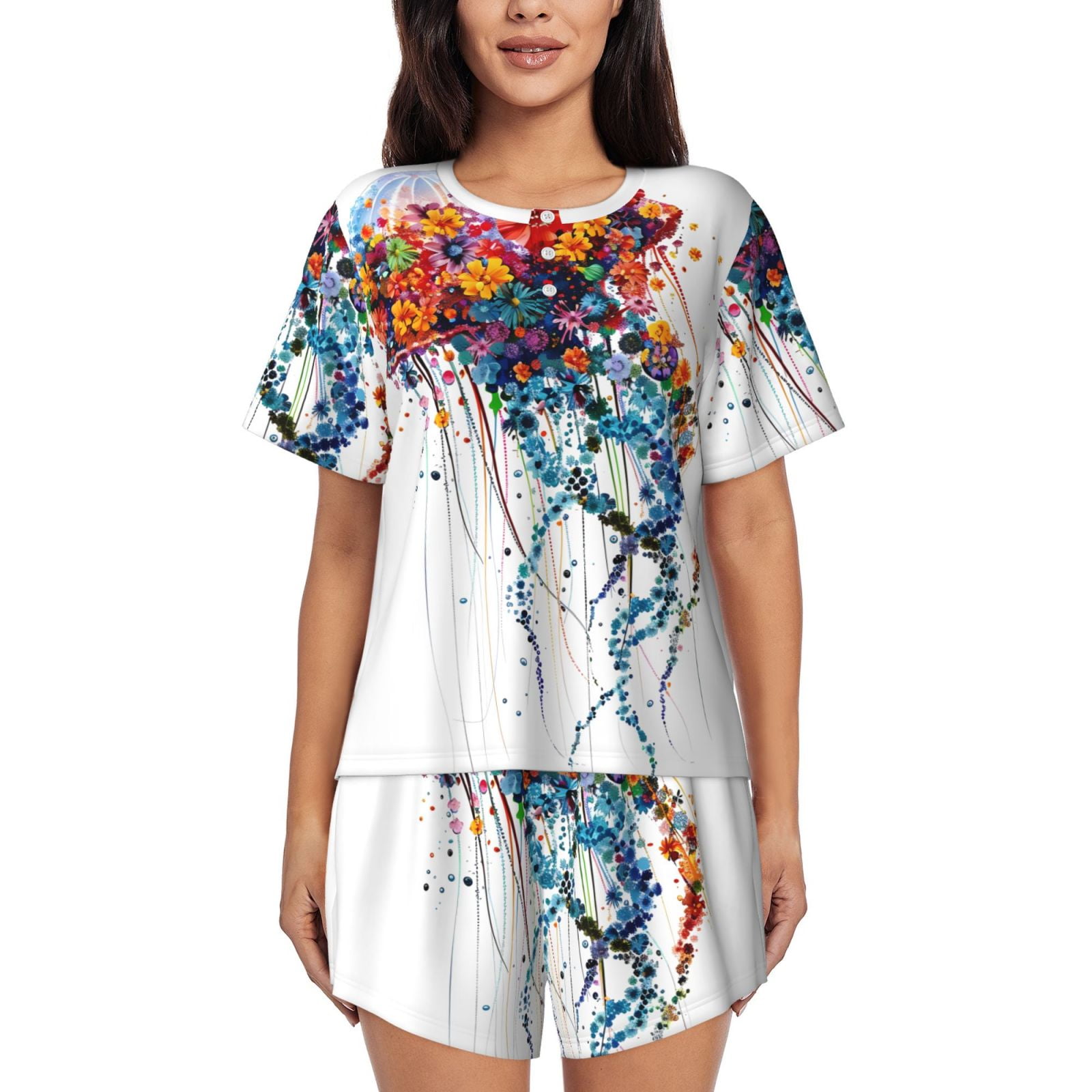 Vsdgher Colorful Floral Jellyfish Pattern Womens Pajamas 2 Piece Short ...