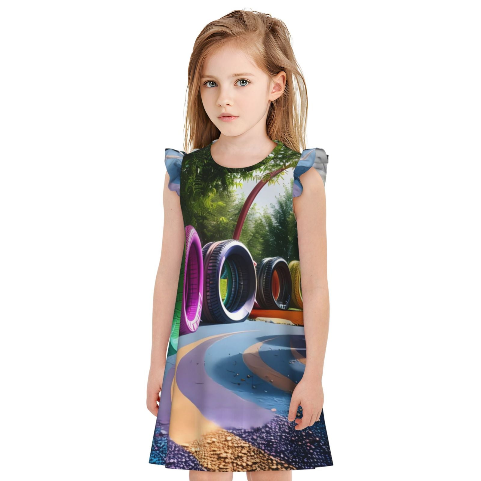 Vsdgher Colorful Tire Tunnel Park for Girls Nightgowns Toddler Flutter Short Sleeves Nightdress ...