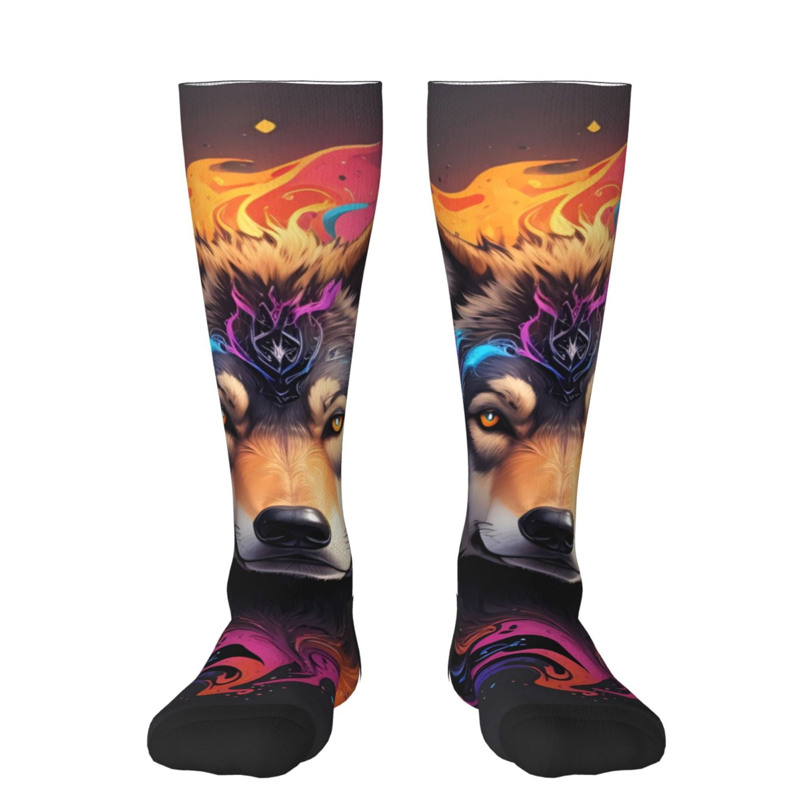 Vsdgher Colorful Wolf Head Print Thigh High Socks Extra Long Stretchy ...