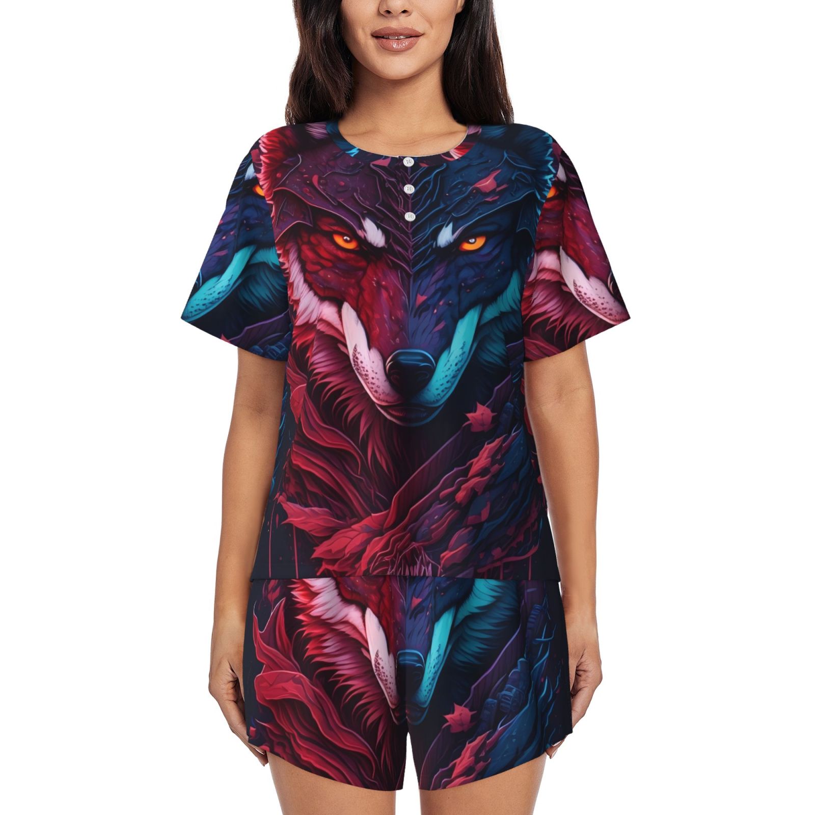 Vsdgher Cool Wolf Head Pattern Womens Pajamas 2 Piece Short Sleeve ...
