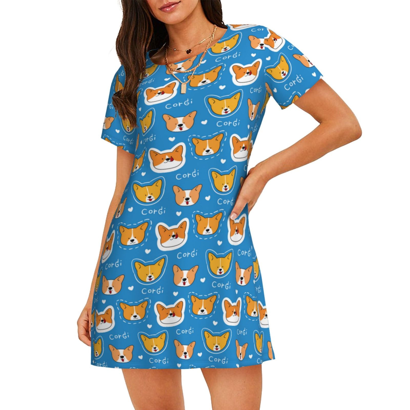 Vsdgher Corgi Dog Face Pattern Womens Short Sleeve Sleepshirt Scoopneck ...