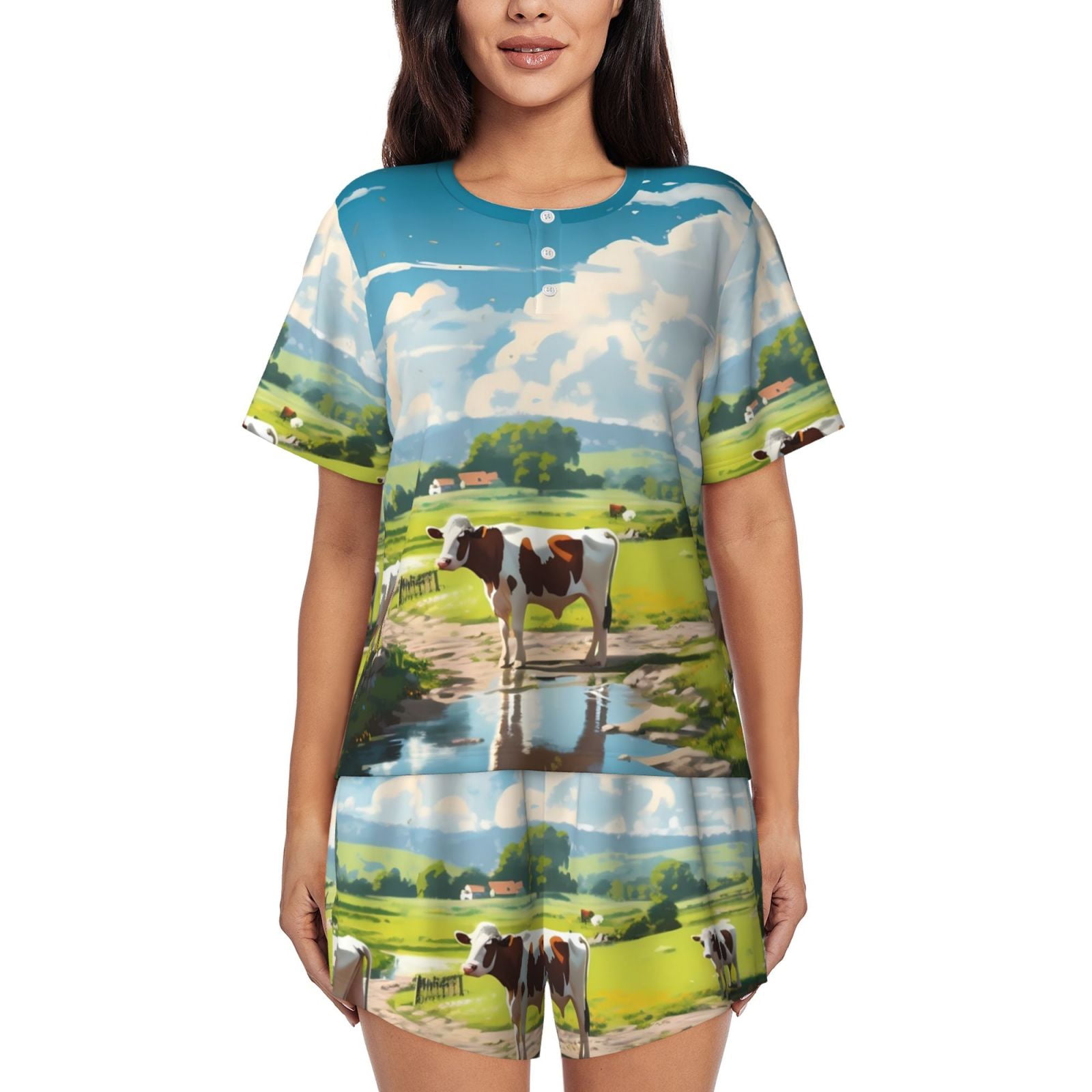 Vsdgher Countryside Farm Cow Pattern Womens Pajamas 2 Piece Short ...