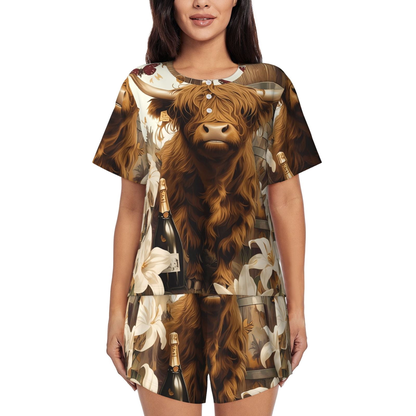 Vsdgher Cow With Butterflies Lilies Pattern Womens Pajamas 2 Piece ...