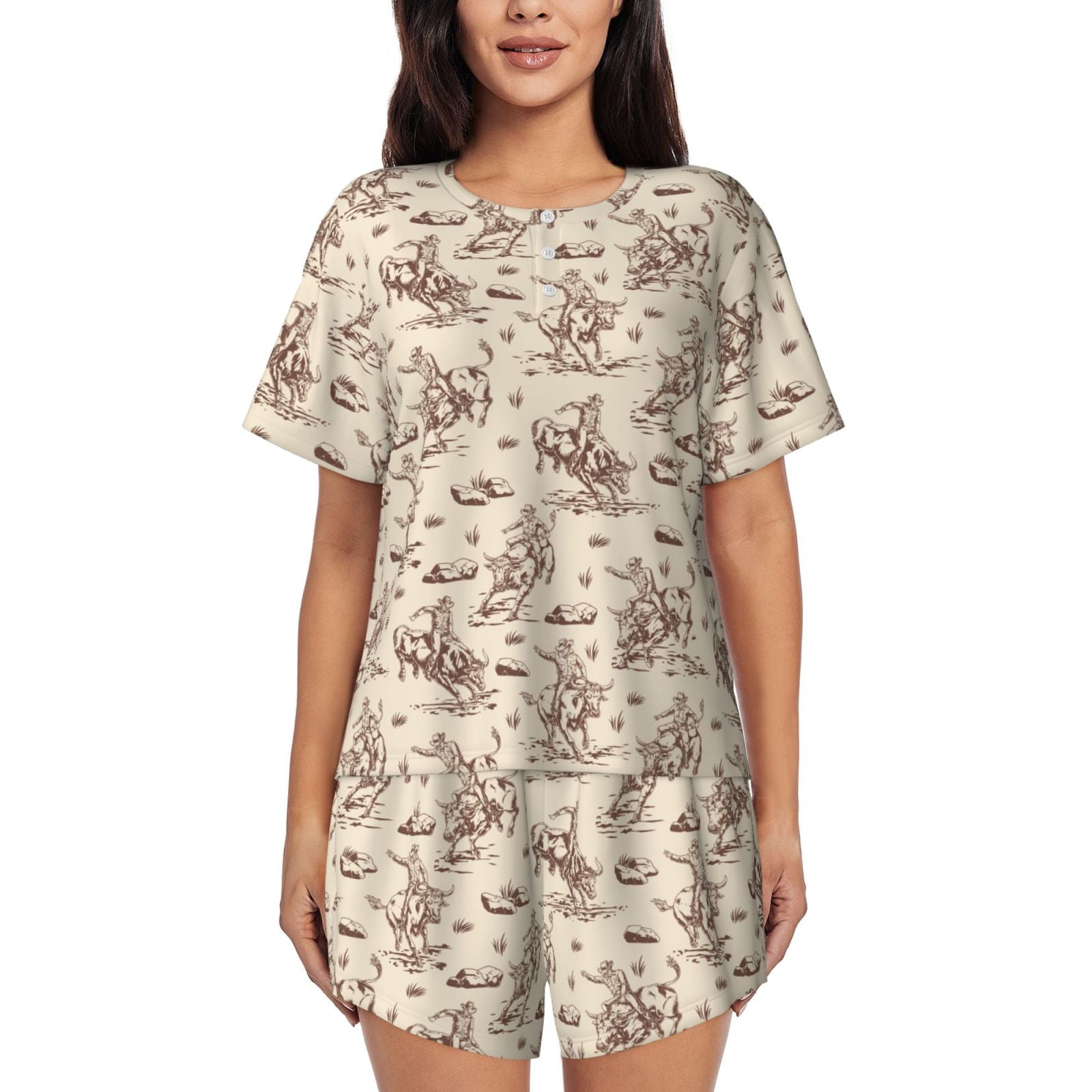 Vsdgher Cowboy Sitting On Cow Back Pattern Womens Pajamas 2 Piece Short ...