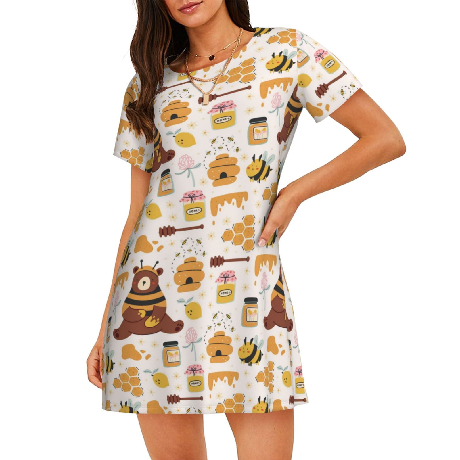 Vsdgher Cute Bee Honey Jar Hive Bear Pattern Womens Short Sleeve Sleepshirt Scoopneck Cute ...
