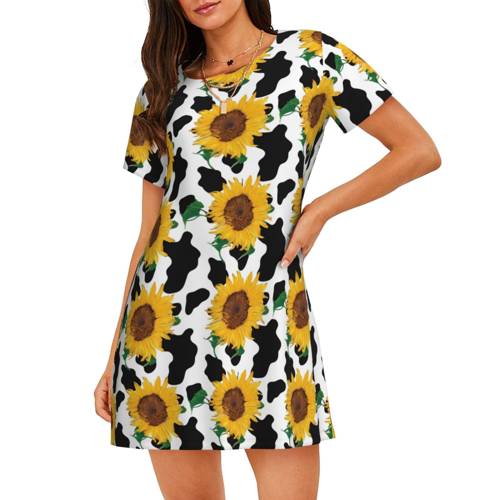 Vsdgher Cute Cow Print Sunflower B Pattern Womens Short Sleeve ...