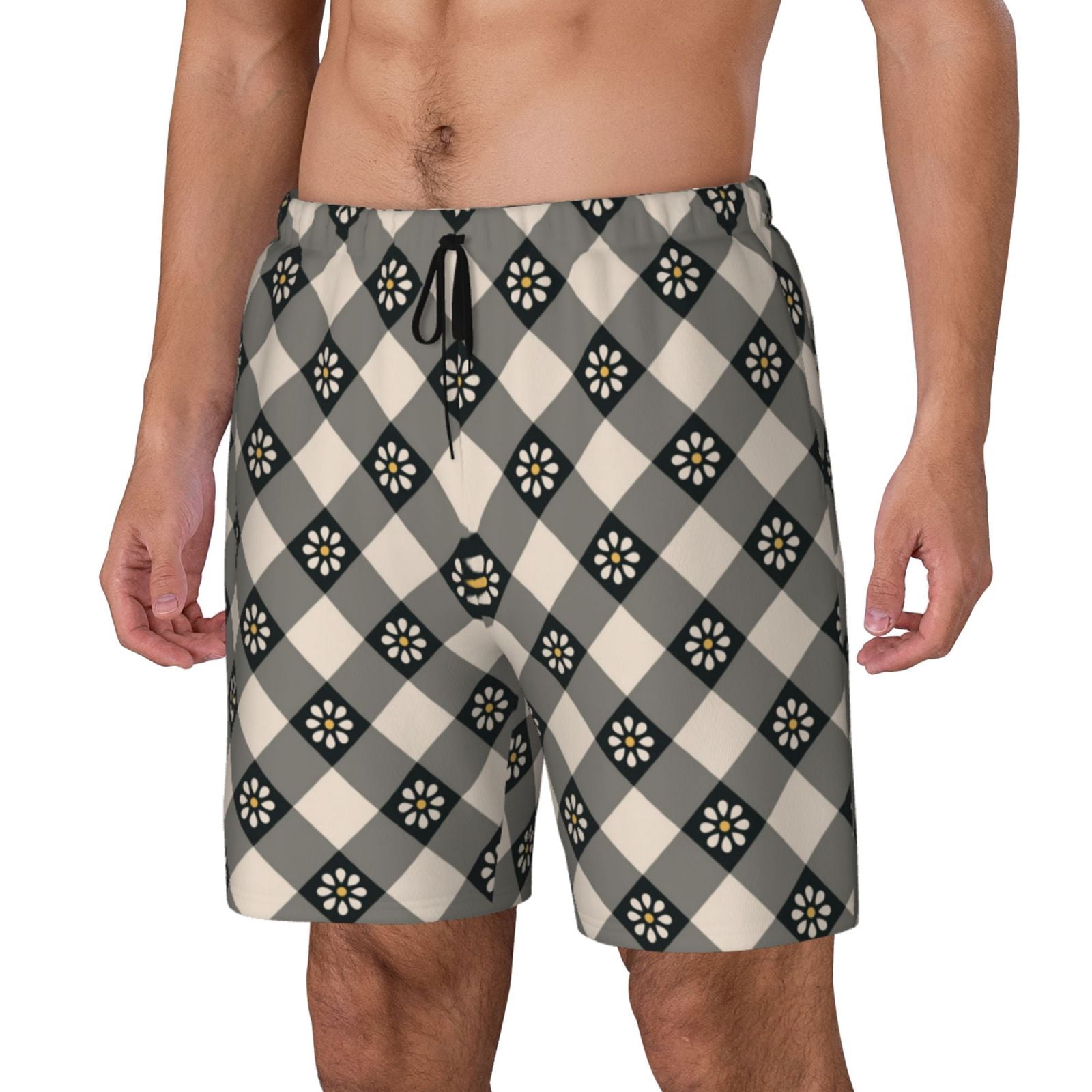 Vsdgher Daisy Plaid Black for Mens Swim Trunks with Compression Liner ...