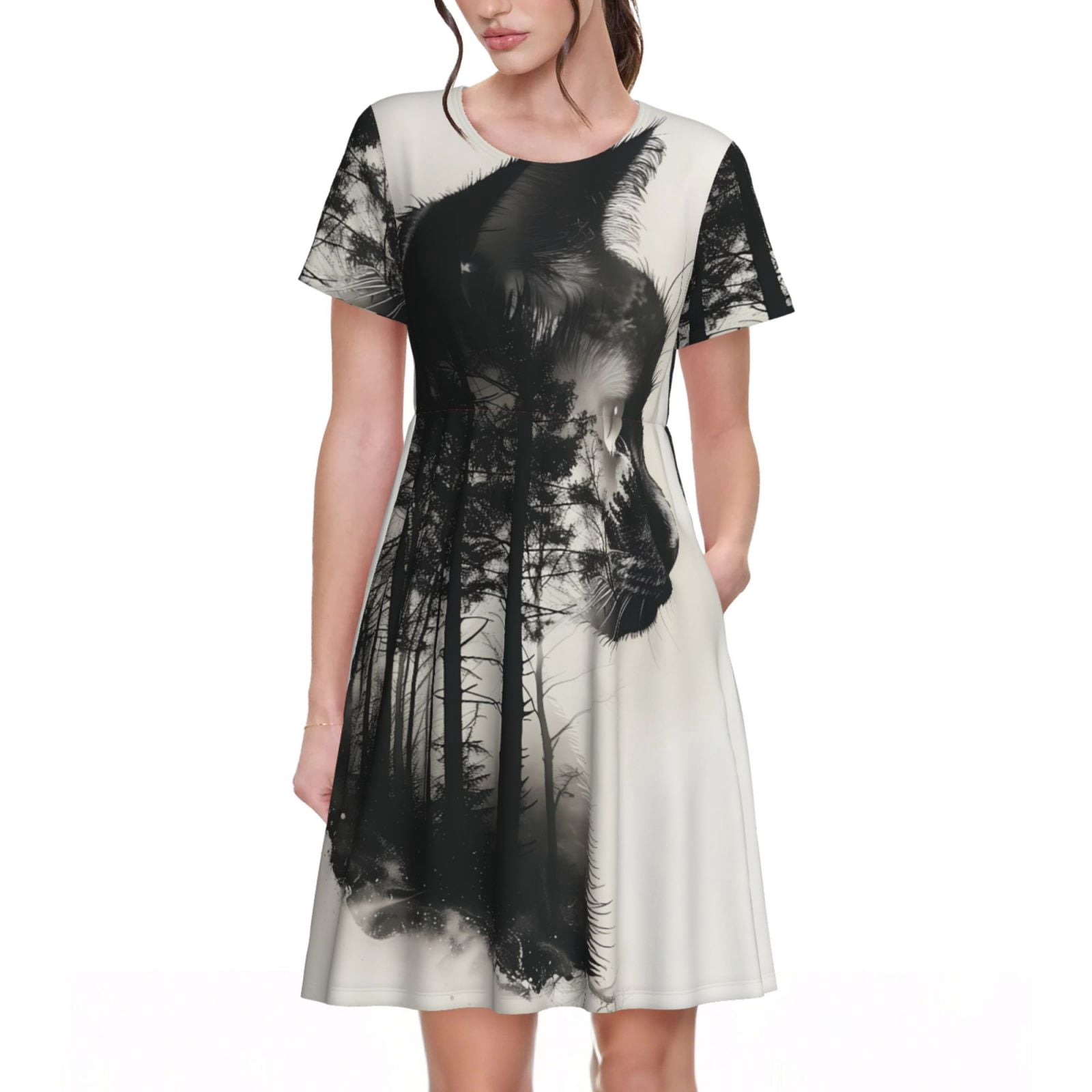 Vsdgher Double Exposure Cat Forest for Womens Summer 2025 Casual Midi ...