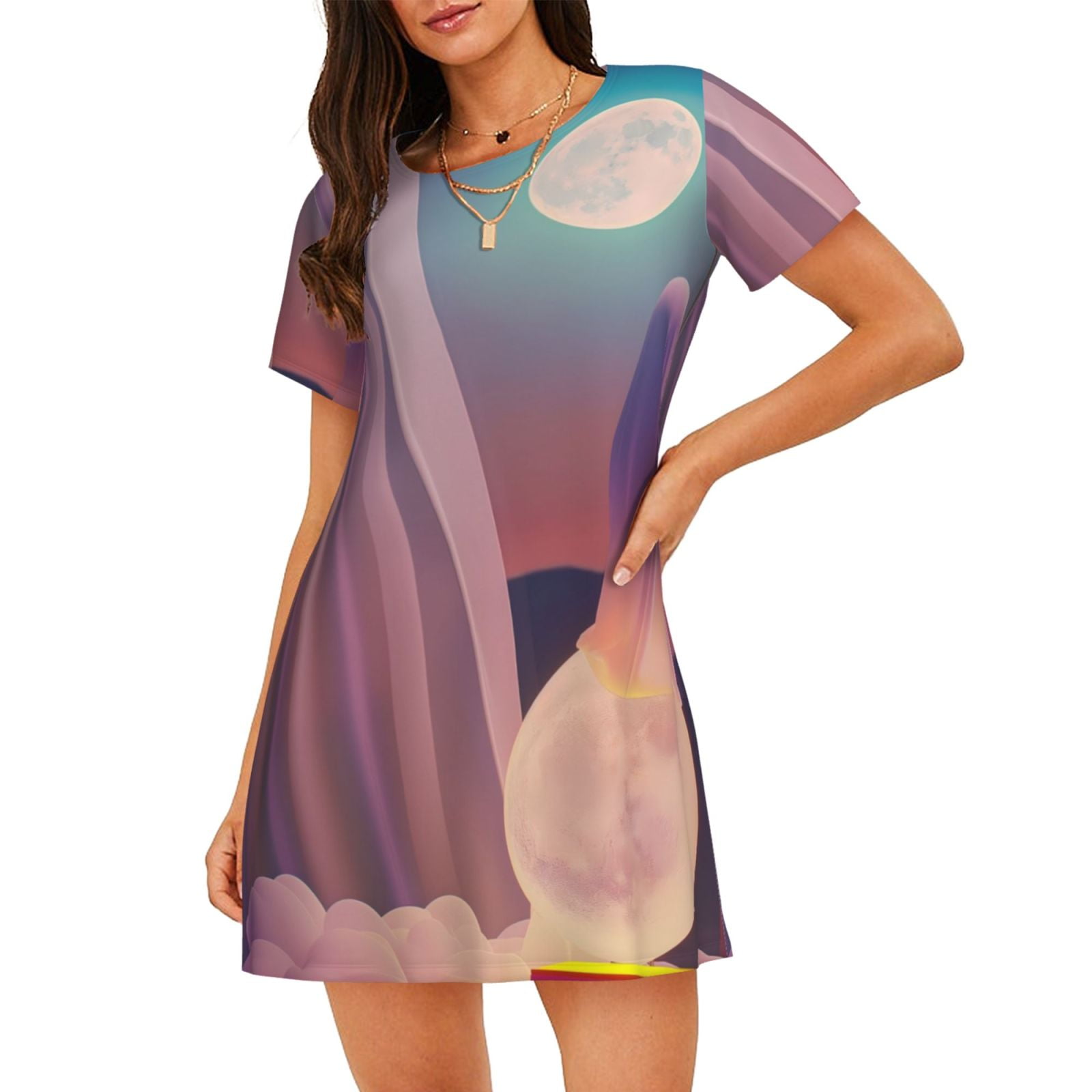 Vsdgher Dreamy Moonlit Window Pattern Womens Short Sleeve Sleepshirt ...
