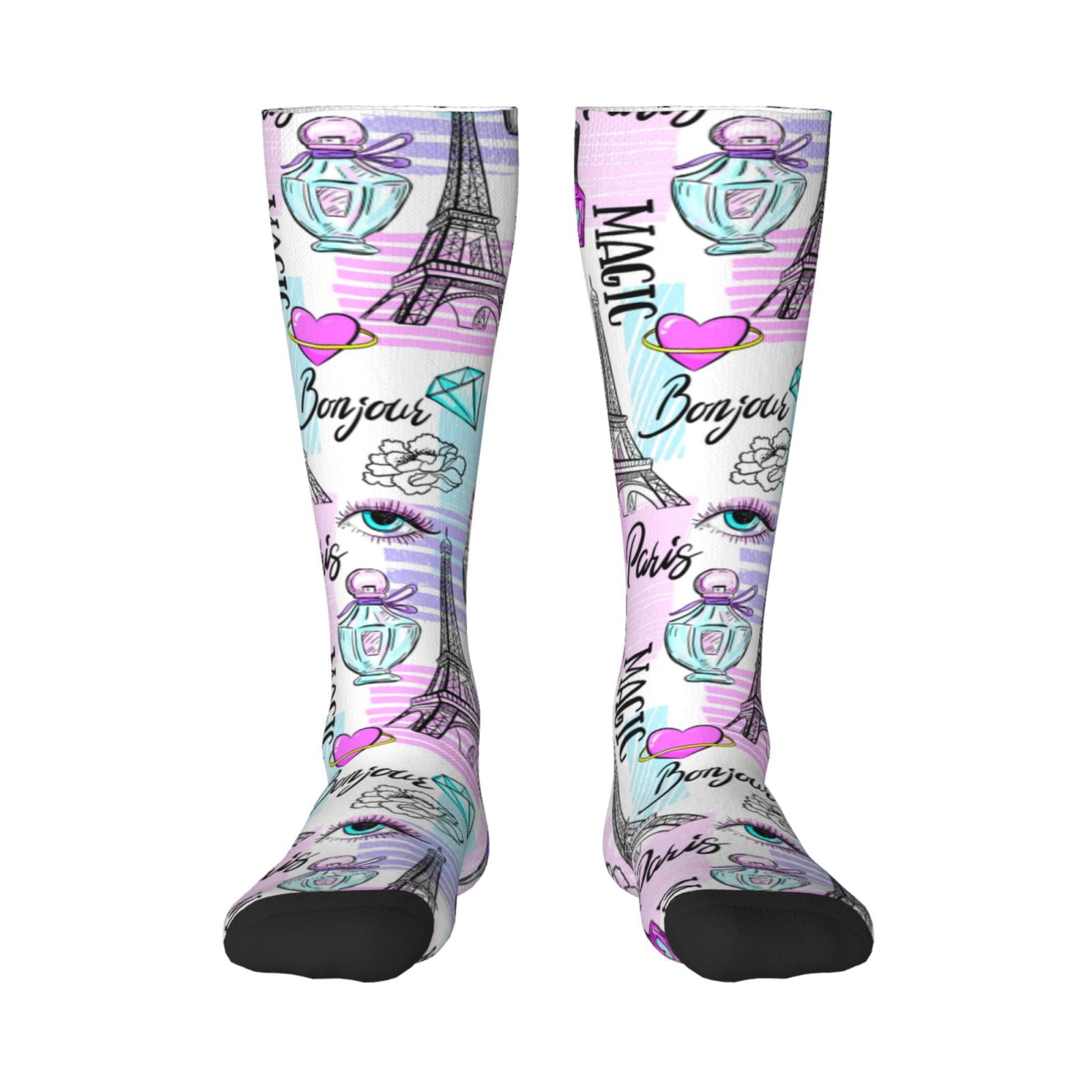 Vsdgher Eiffel Tower and Hearts Print Thigh High Socks Extra Long ...