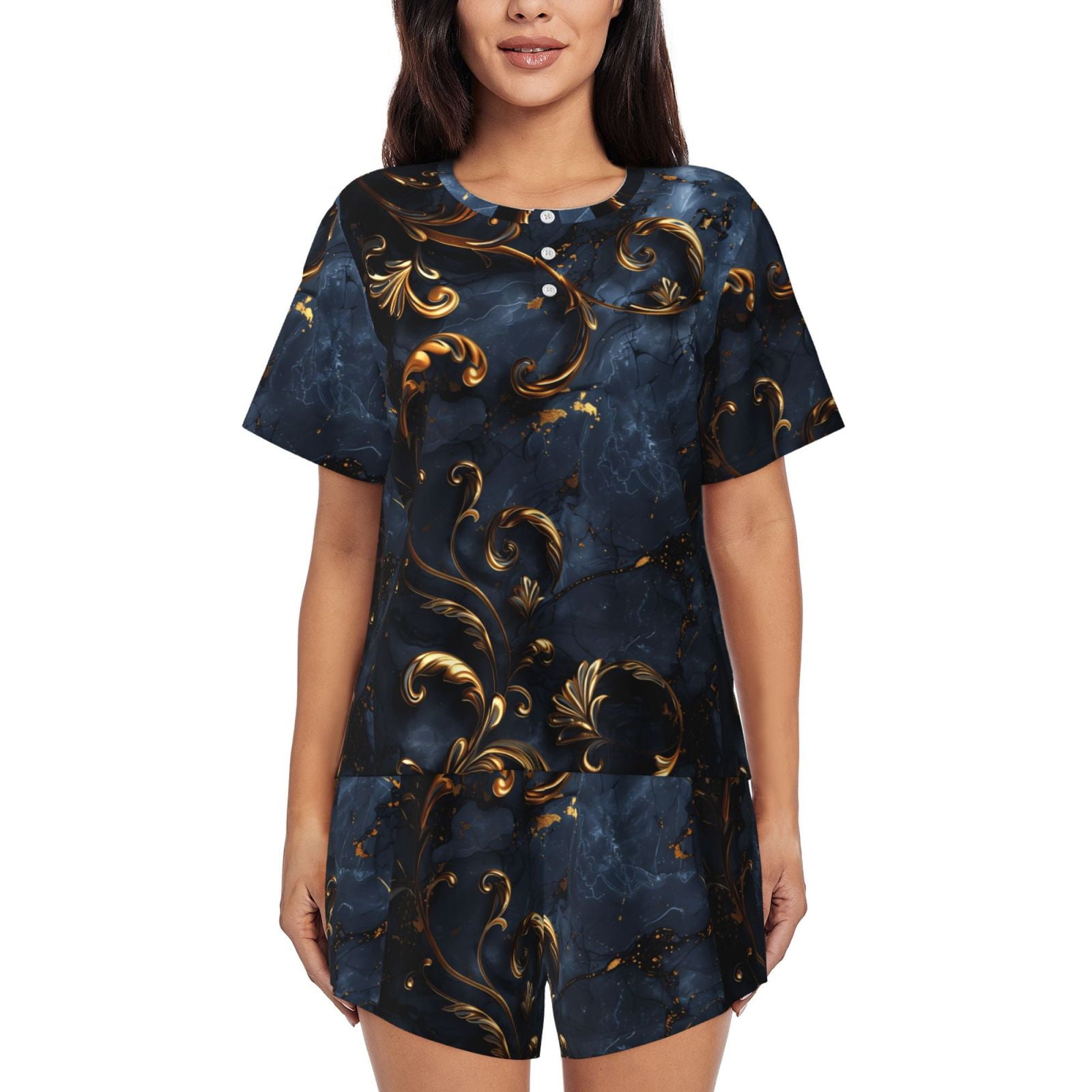 Vsdgher Elegant Gold Scrollwork Pattern Womens Pajamas 2 Piece Short ...