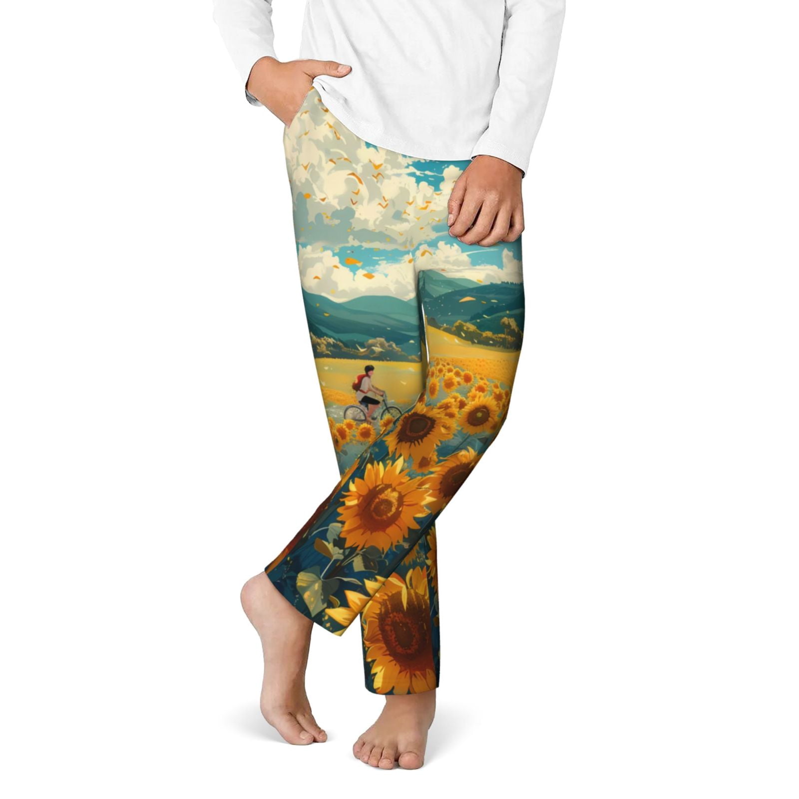 Vsdgher Field Style Bicycle Young Sunflower Print Kids Pajama Pants ...