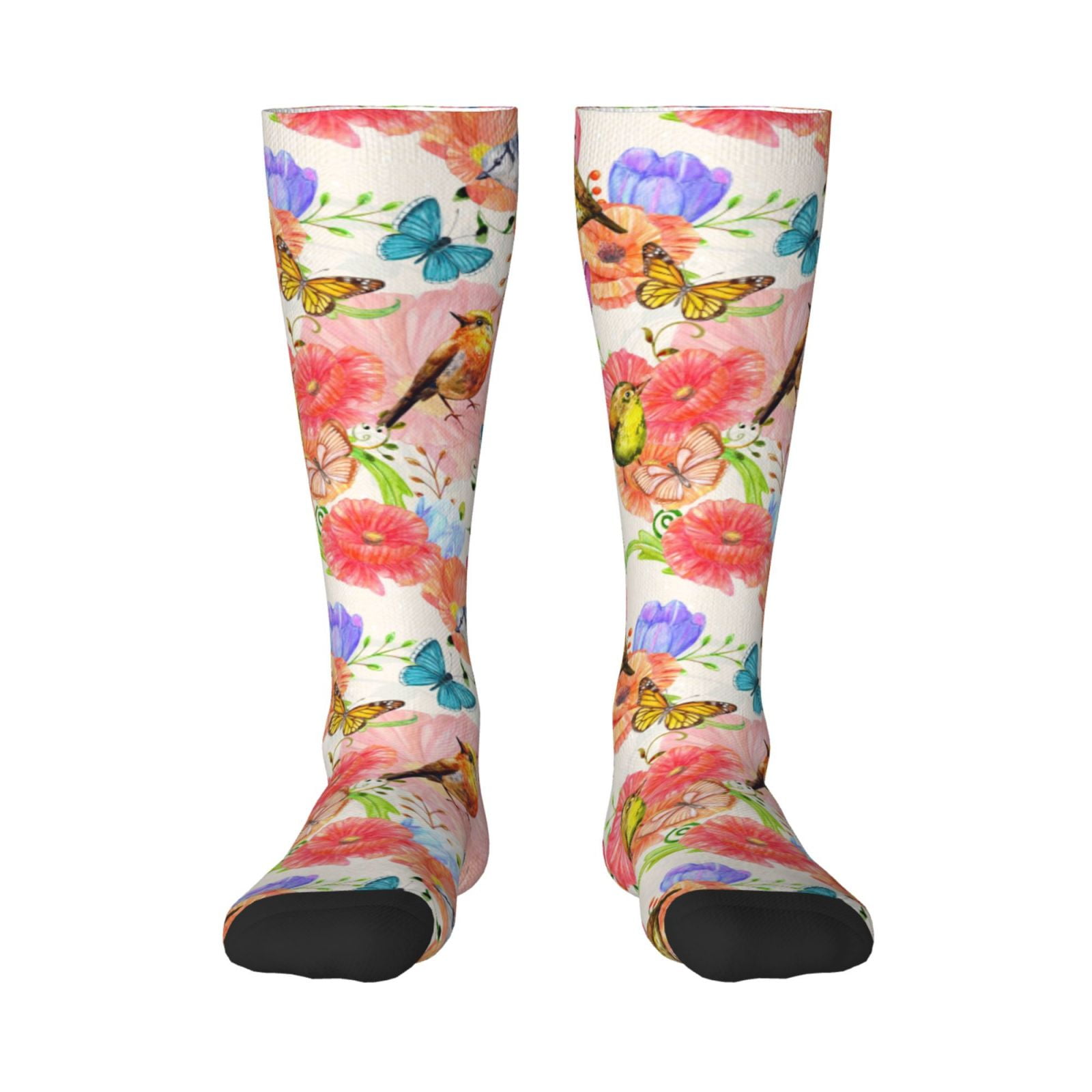 Vsdgher Flowers And Birds Watercolor Print Thigh High Socks Extra Long ...