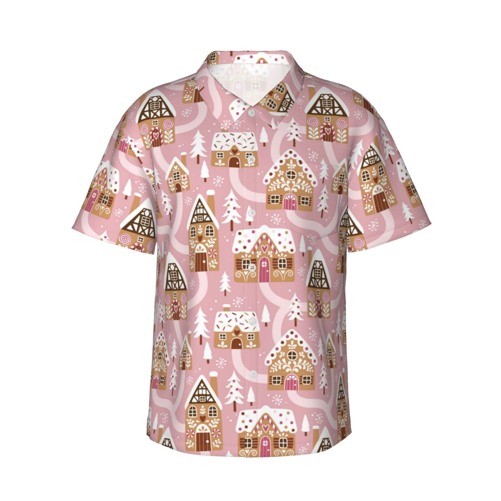 Vsdgher Gingerbread Houses Pink Wonderland Print Men's Hawaiian Shirts ...