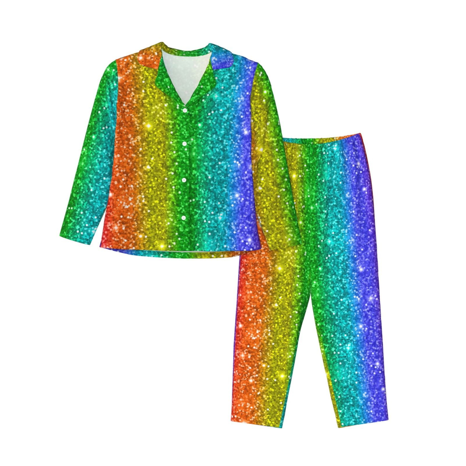 Vsdgher Glitter Rainbow Pajamas Set Long Sleeve Sleepwear Womens Button ...