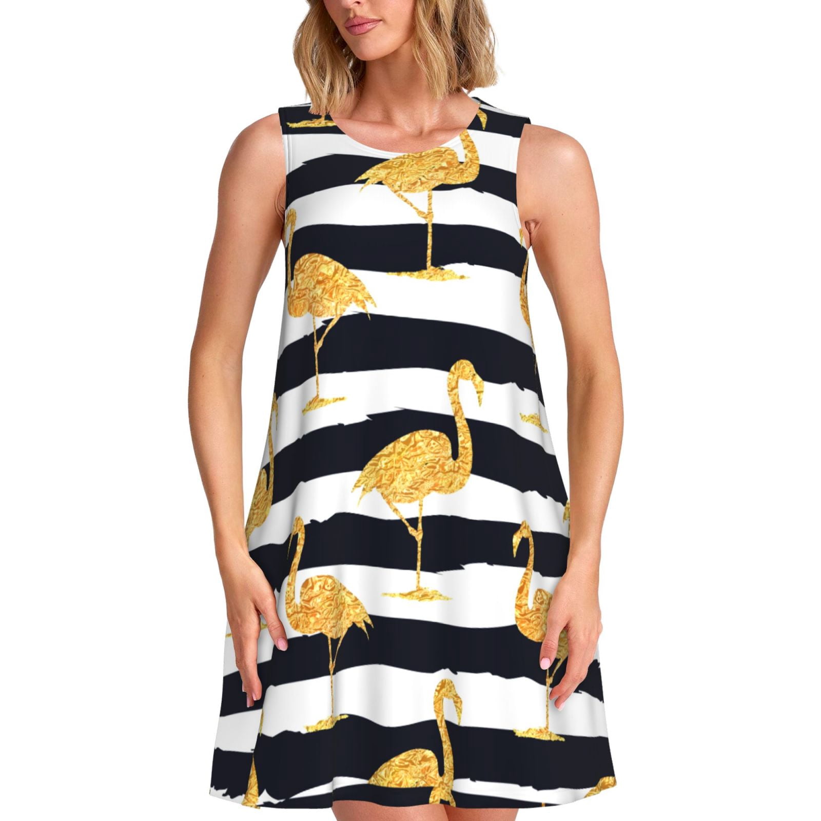 Vsdgher Gold Flamingo Print Summer Dresses for Women Casual U Neck ...
