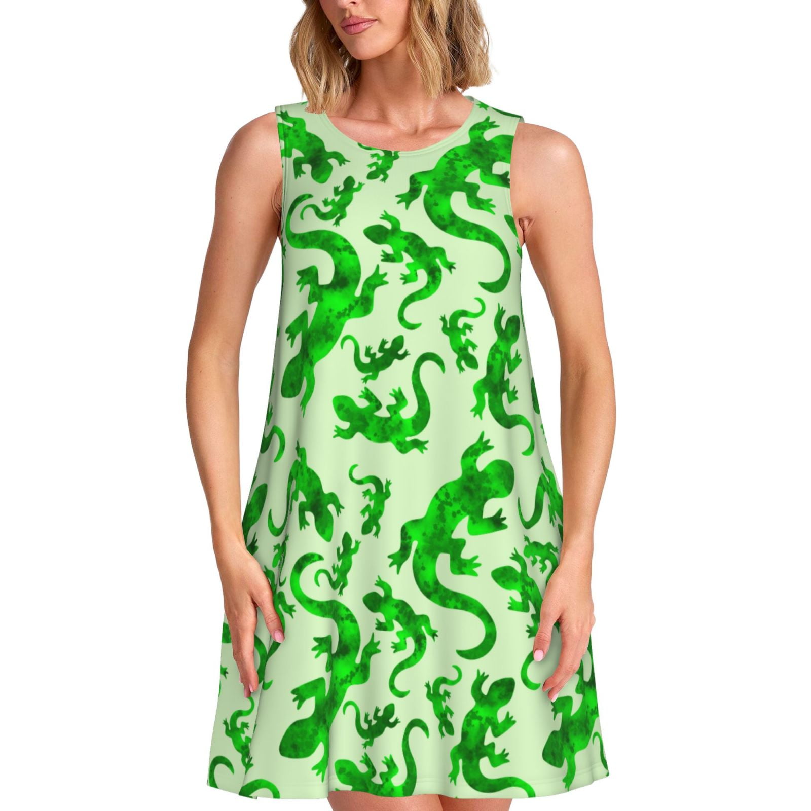 Vsdgher Green Lizard Print Summer Dresses for Women Casual U Neck Beach ...