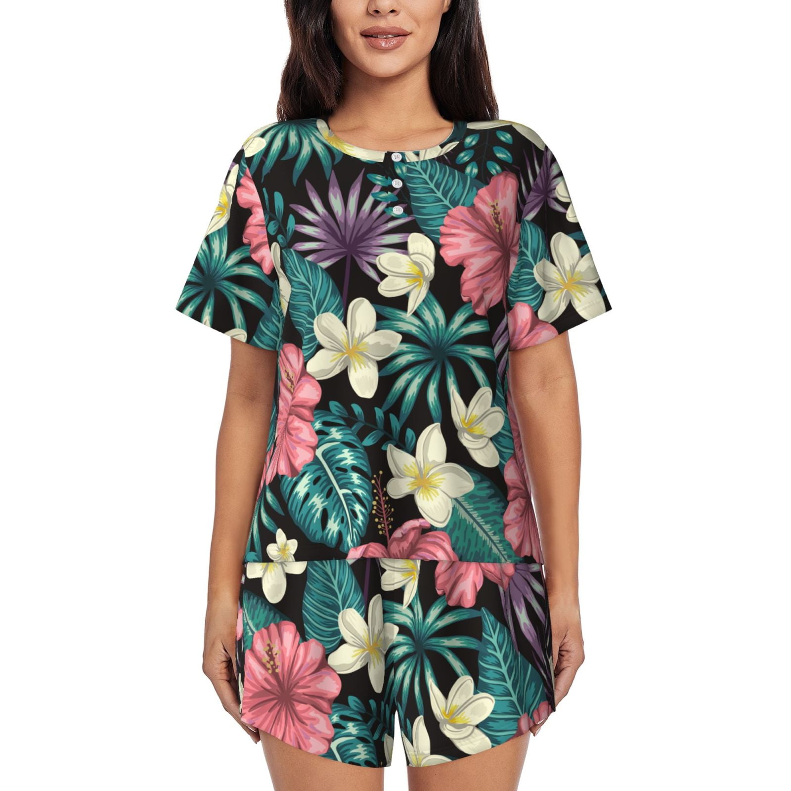 Vsdgher Green Tropical Leaves Pattern Womens Pajamas 2 Piece Short ...