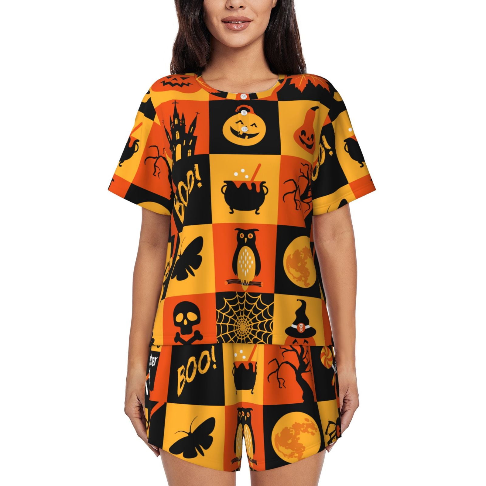 Vsdgher Halloween Banner Symbols Pattern Womens Pajamas 2 Piece Short ...