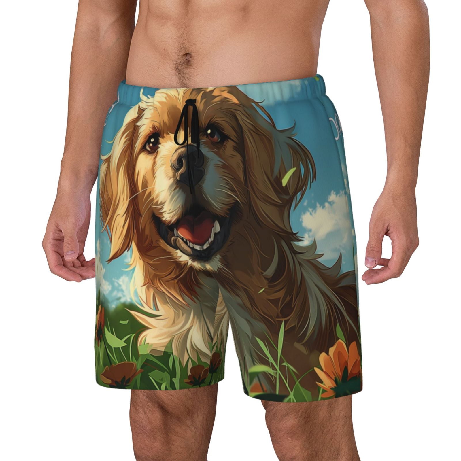 Vsdgher Happy Dog In Flower Field for Mens Swim Trunks with Compression ...