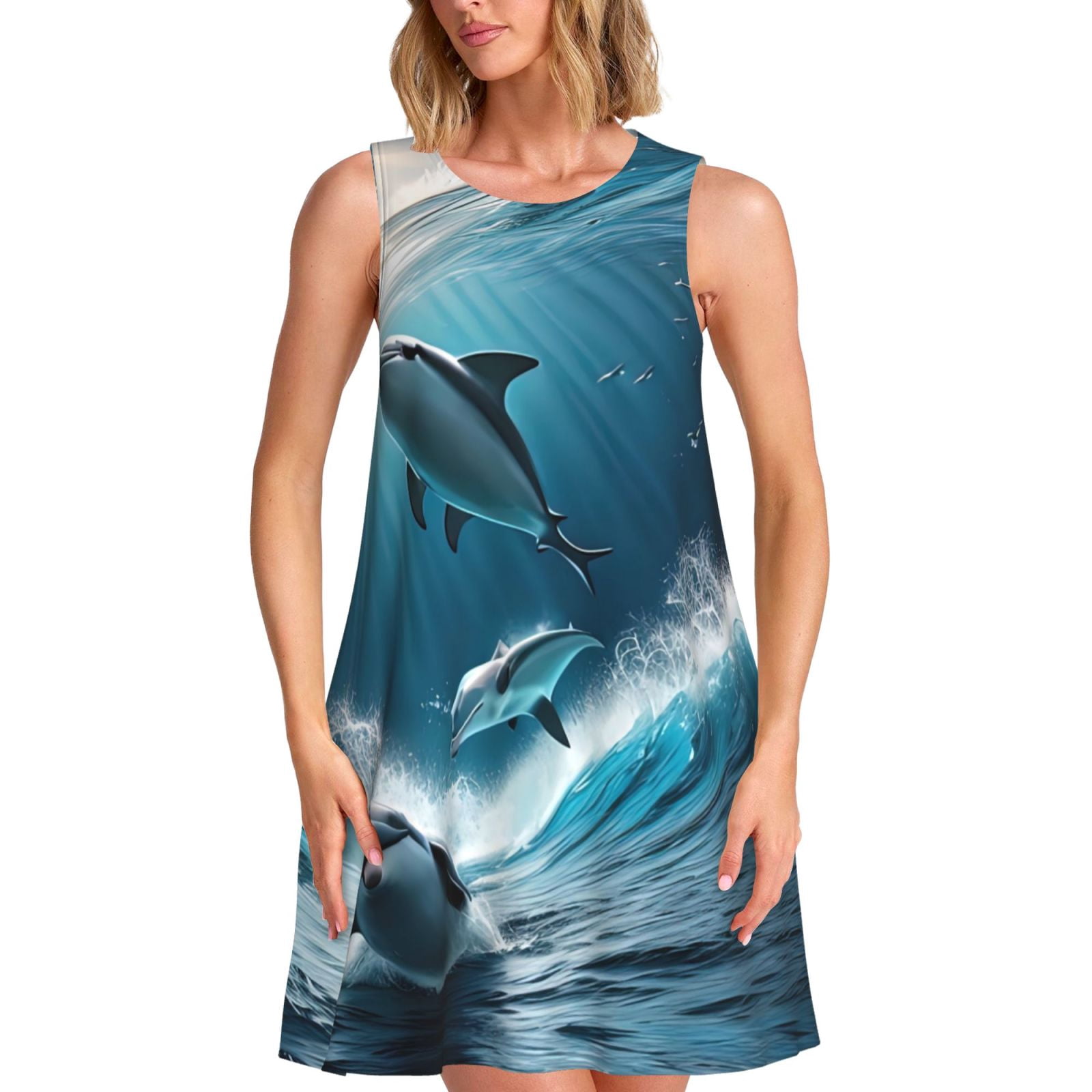 Vsdgher Ice Blue Ocean Cute Dolphin A Print Summer Dresses for Women ...