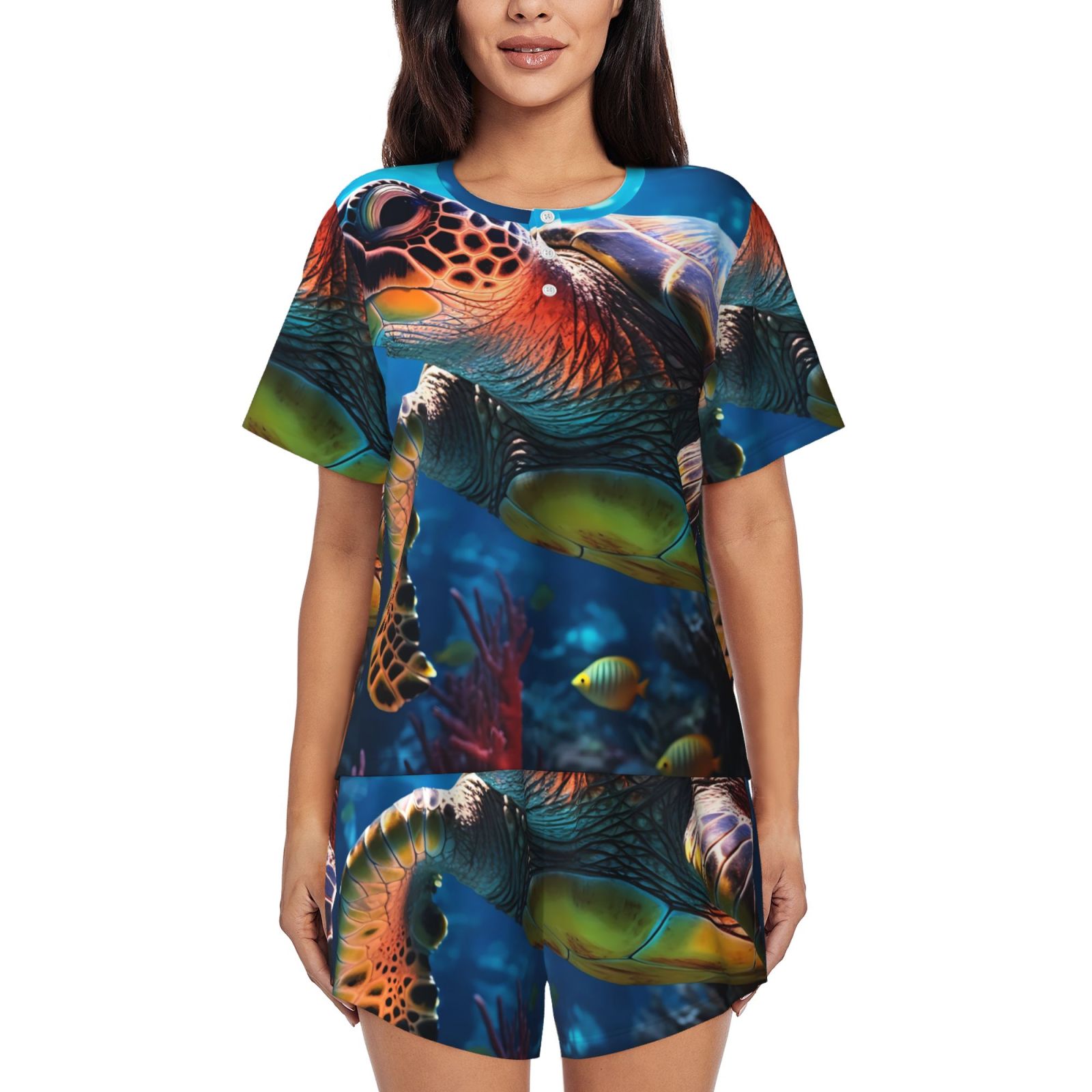 Vsdgher Ice Blue Ocean Sea Turtle Pattern Womens Pajamas 2 Piece Short ...