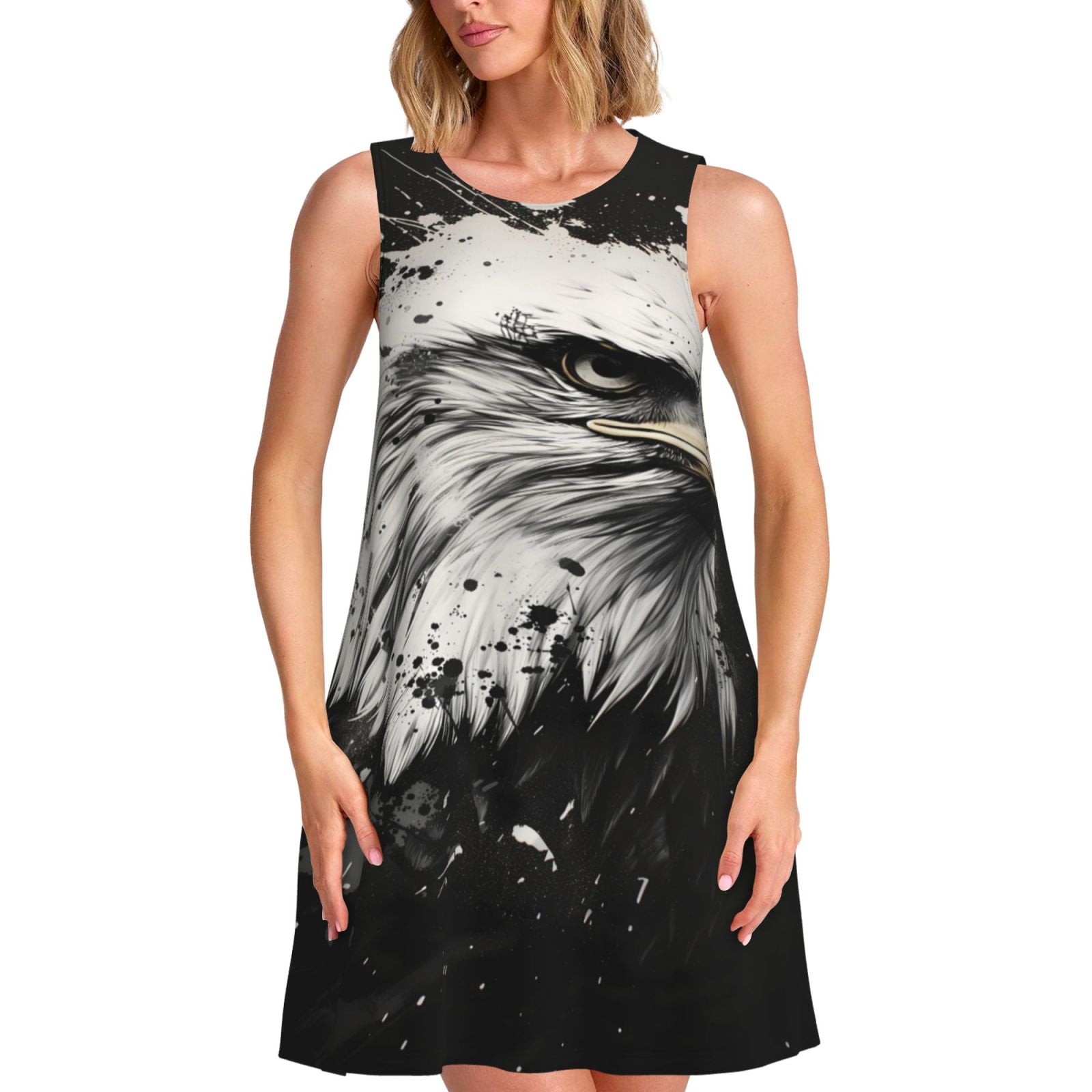 Vsdgher Ink Style Bald Eagle Print Summer Dresses for Women Casual U ...