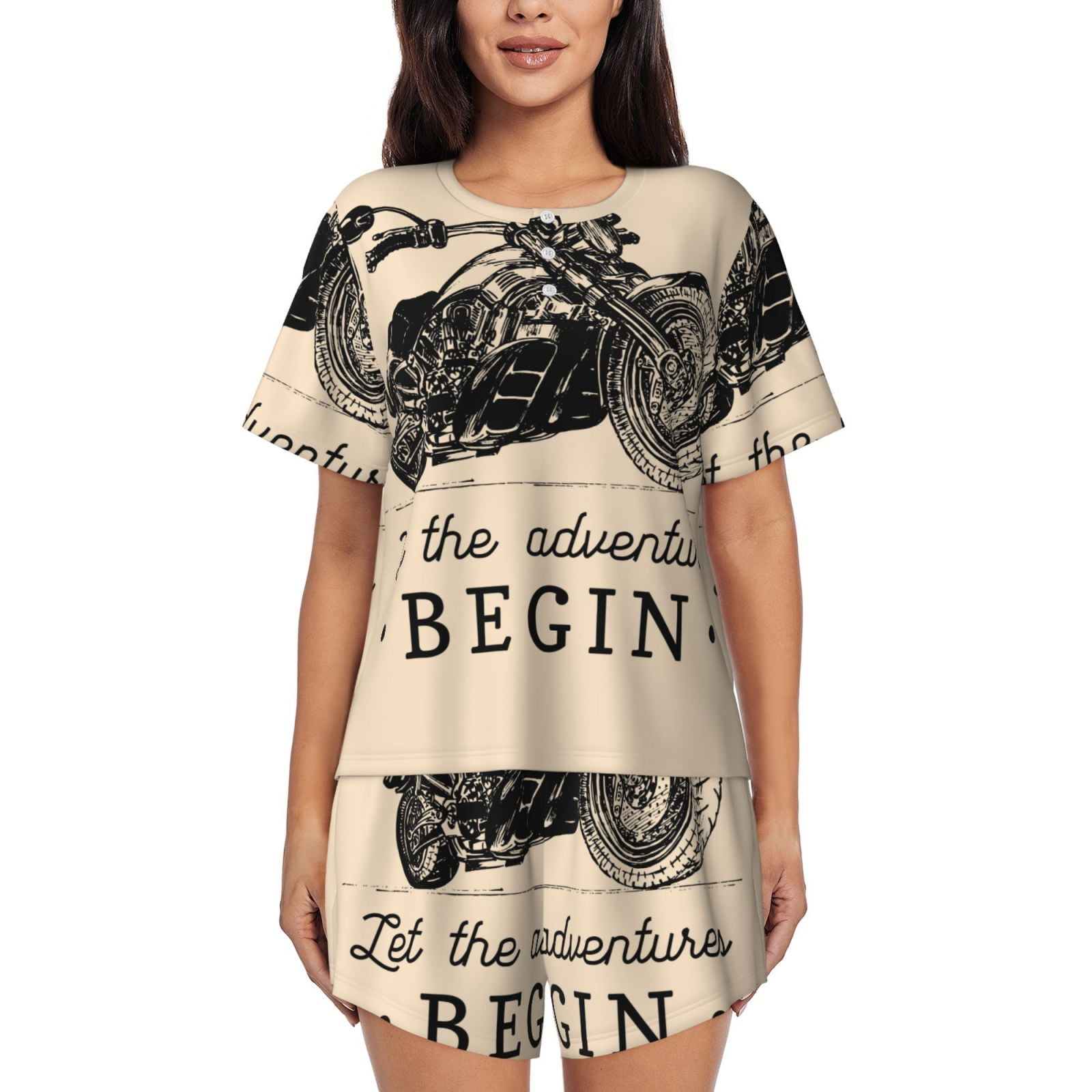 Vsdgher Let The Adventure Begin Pattern Womens Pajamas 2 Piece Short Sleeve Sleepwear Set,Summer ...