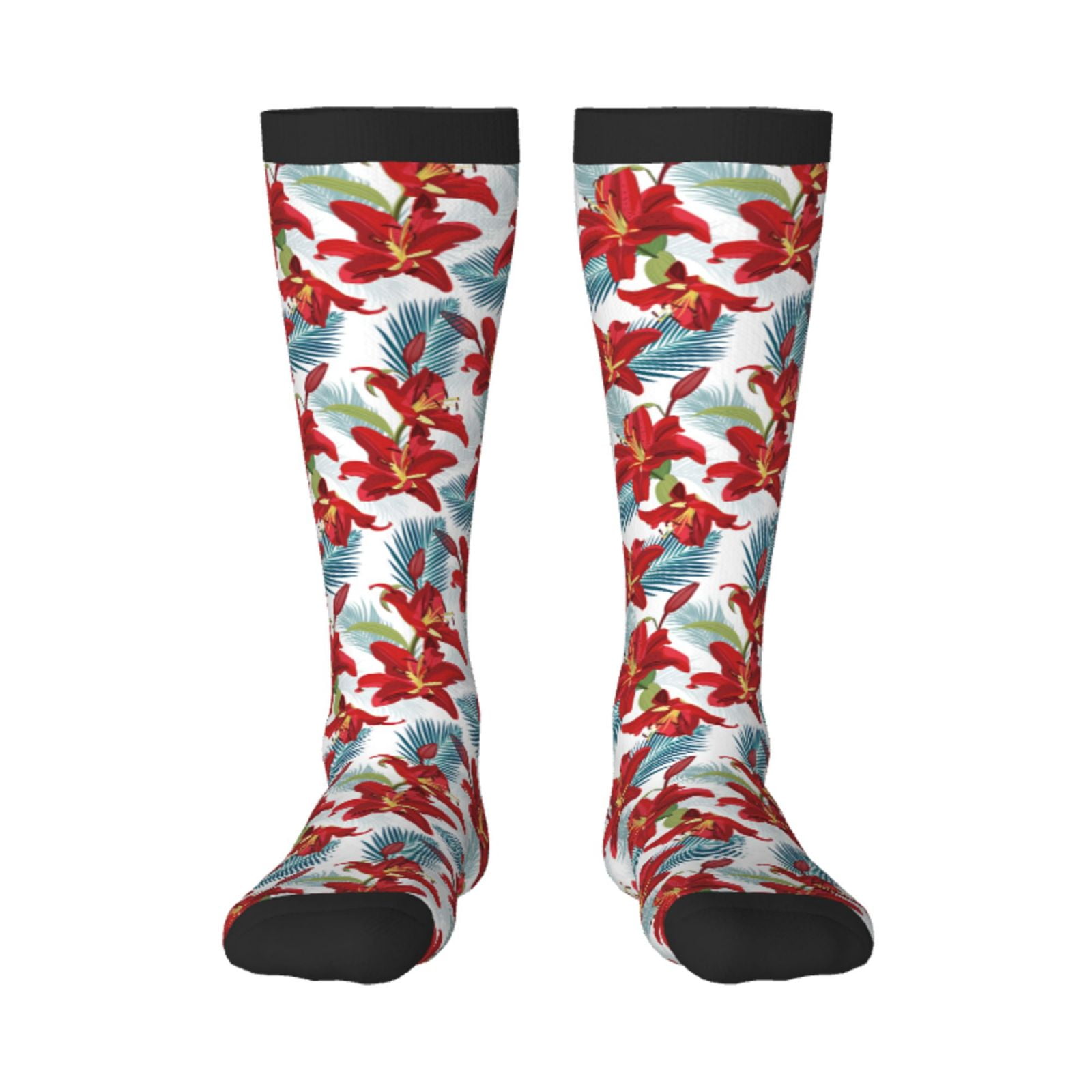 Vsdgher Lilies Flowers Print Thigh High Socks Extra Long Stretchy Sock ...