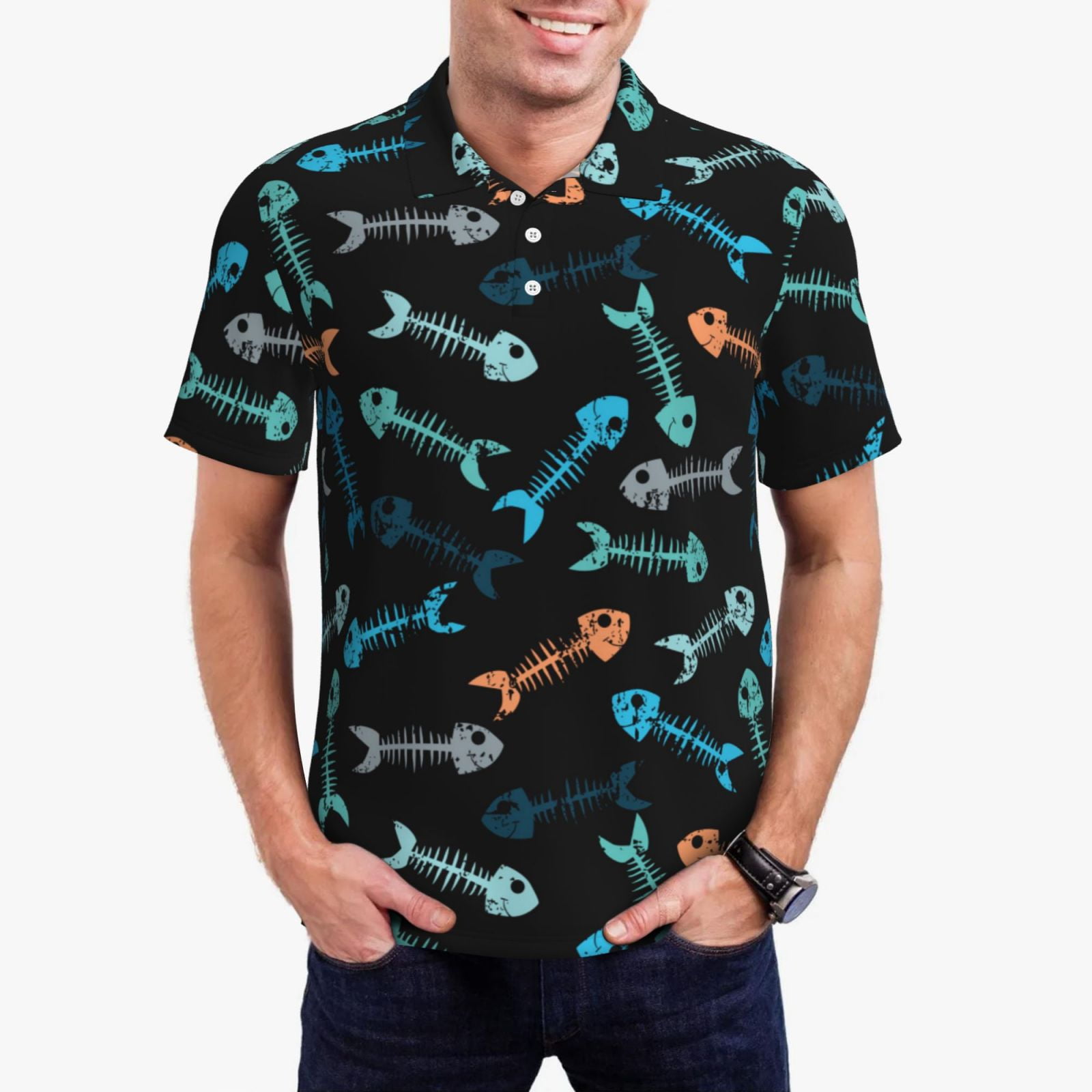 Vsdgher Little Fish Skeleton Polo Shirts for Men, Men's Short Sleeve ...