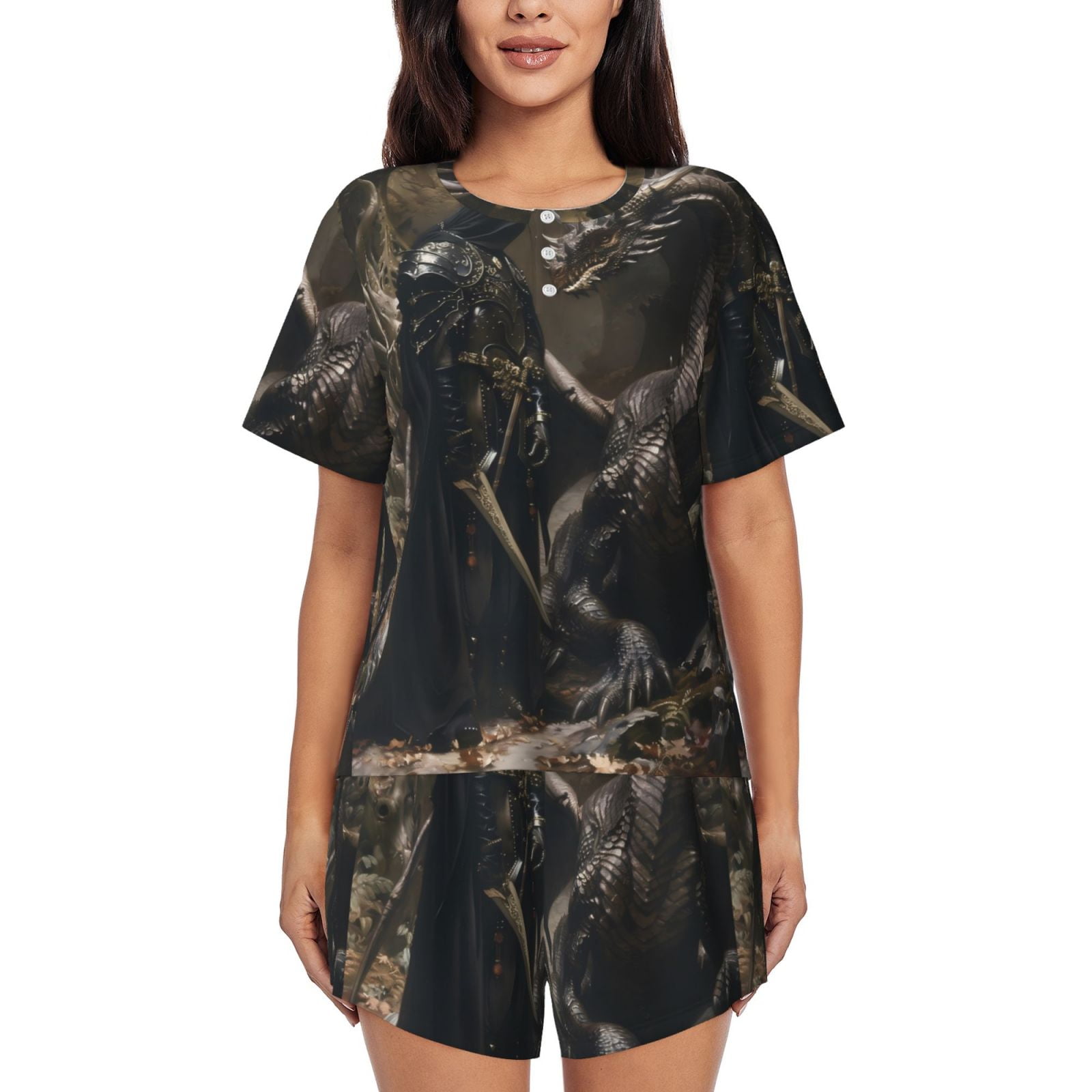 Vsdgher Medieval Knight And Dragon Pattern Womens Pajamas 2 Piece Short ...