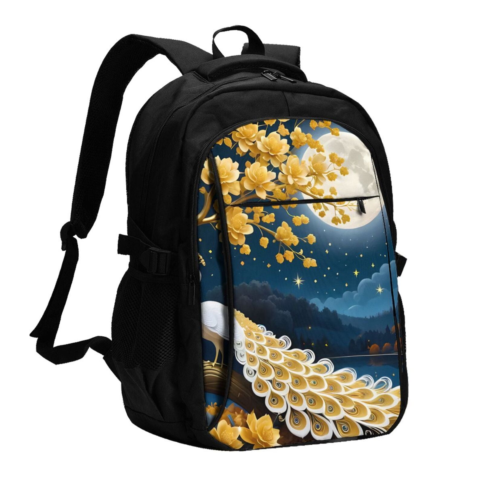 Vsdgher Moonlit Golden Tree Peacock Print Travel Laptop Backpack ...