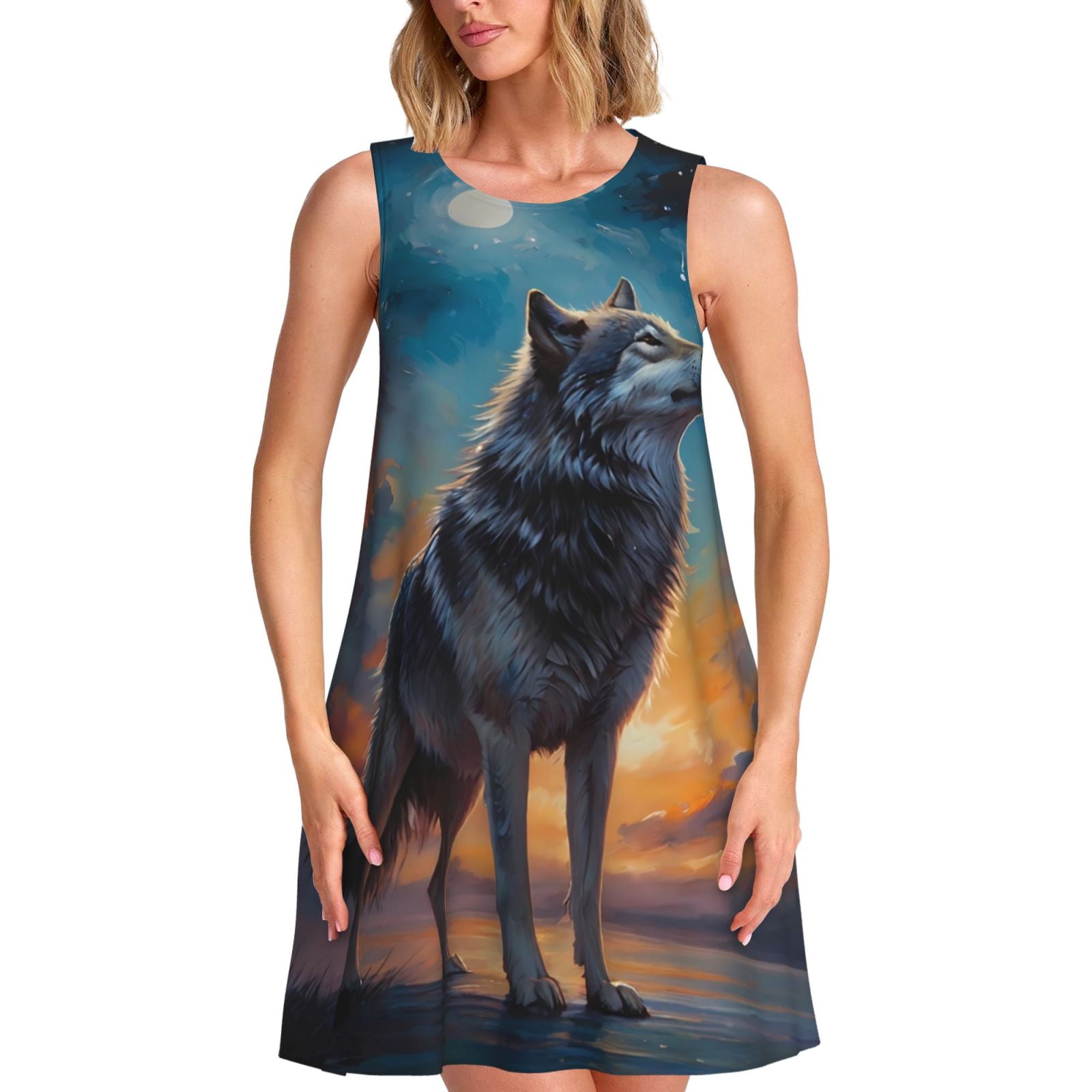 Vsdgher Moonlit Night Sky Wolf Print Summer Dresses for Women Casual U ...