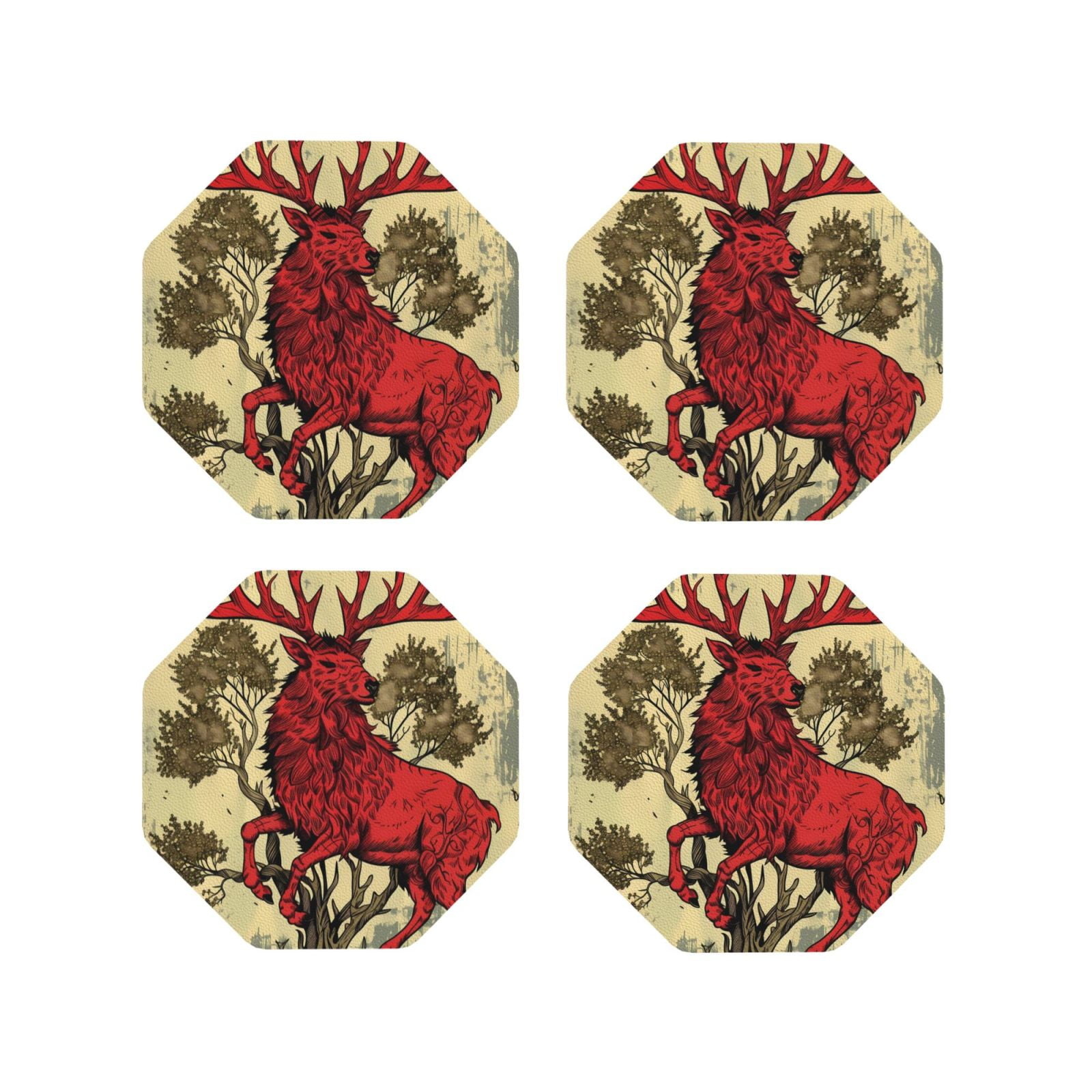 Vsdgher Mythical Red Stag Illustration Leather Coasters for Drinks ...