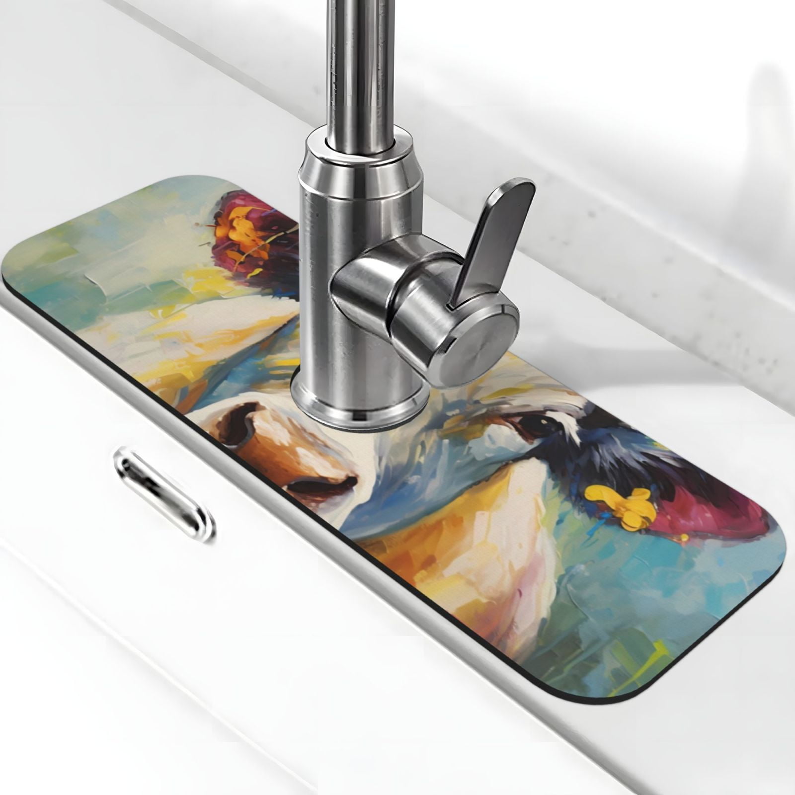 Vsdgher Oil Painting Flower Cow Kitchen Sink Splash Guard Faucet Mat -1 ...