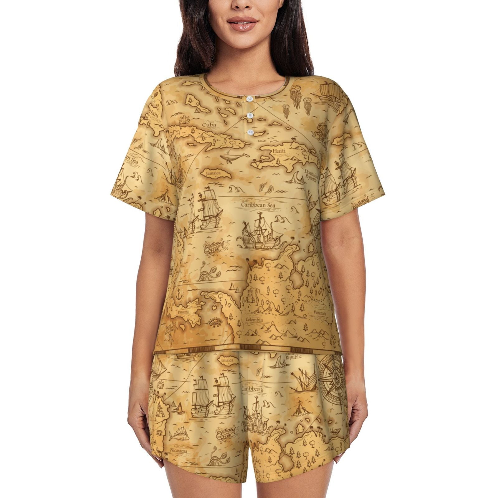 Vsdgher Old Vintage Map Of Sea Pattern Womens Pajamas 2 Piece Short Sleeve Sleepwear Set,Summer ...