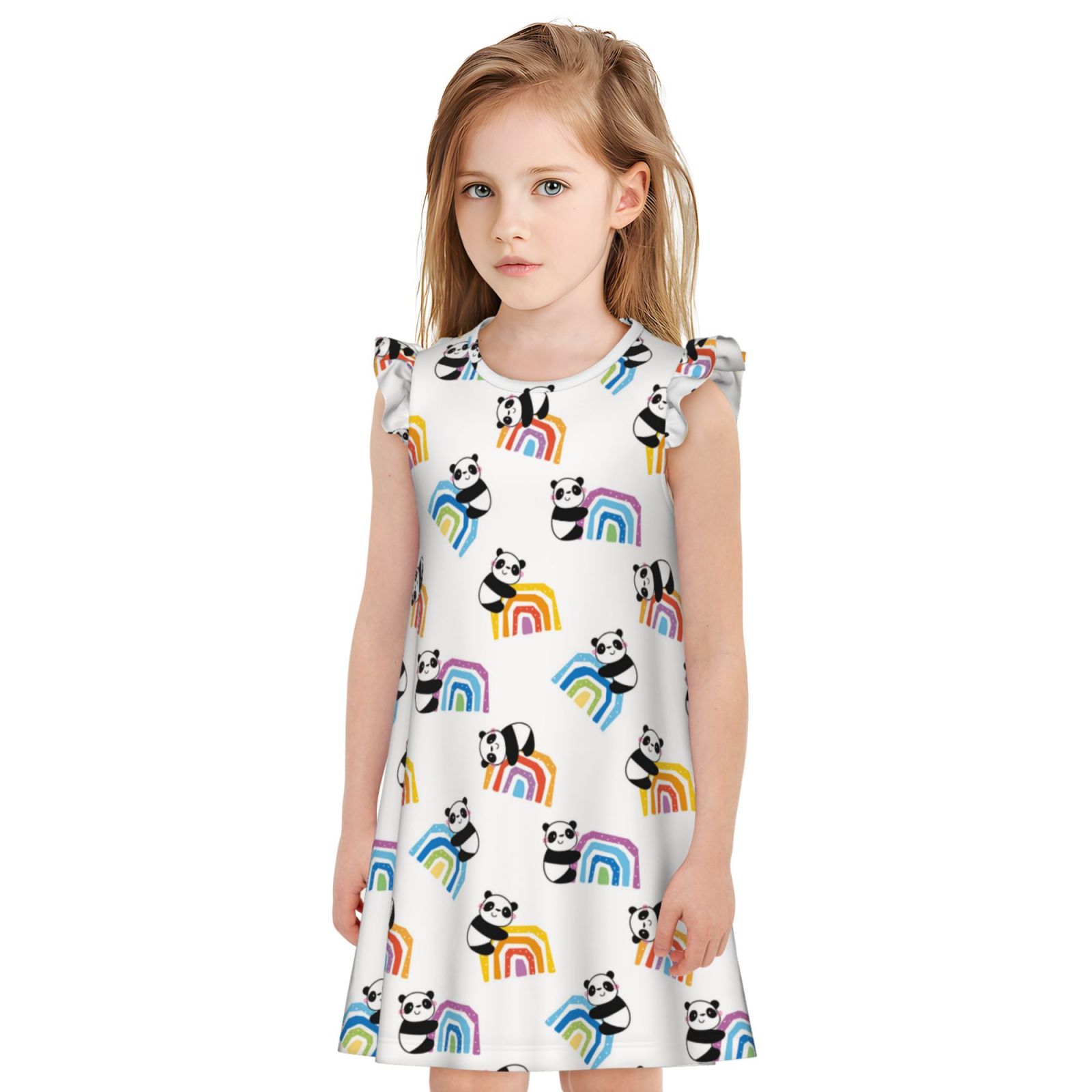 Vsdgher Panda And Rainbow for Girls Nightgowns Toddler Flutter Short Sleeves Nightdress Nightie ...