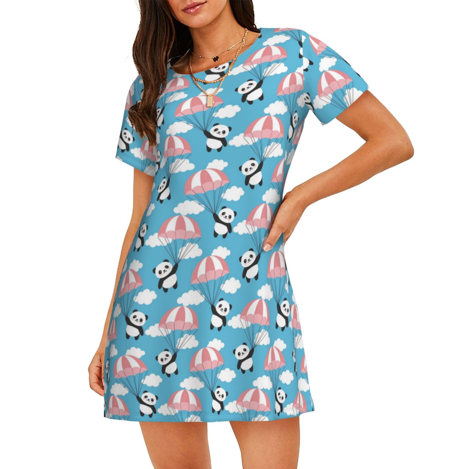 Vsdgher Panda Flying in the Sky Pattern Womens Short Sleeve Sleepshirt ...