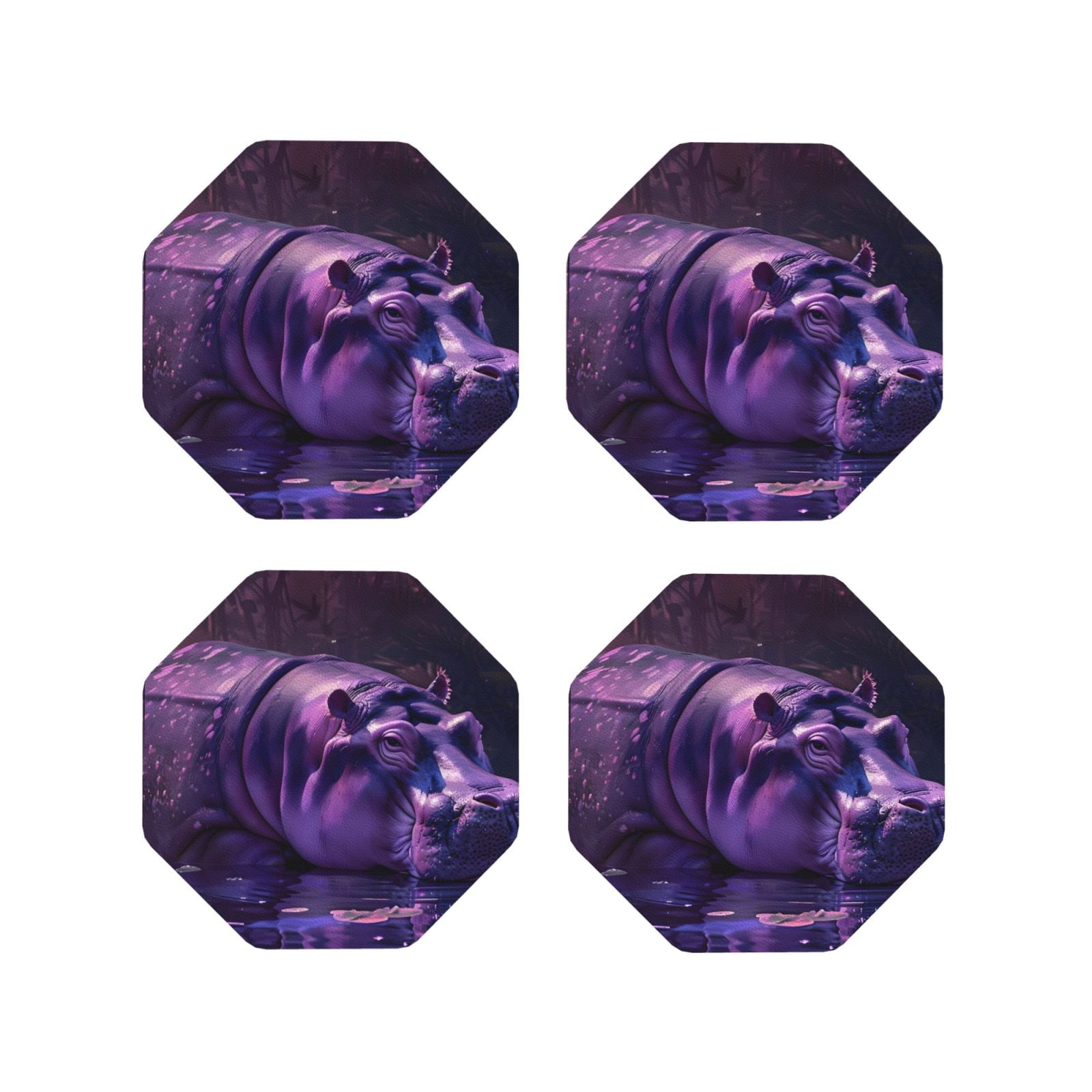 Vsdgher Purple Hippo In Water Leather Coasters for Drinks, Durable Drink Coasters 4 Set for ...