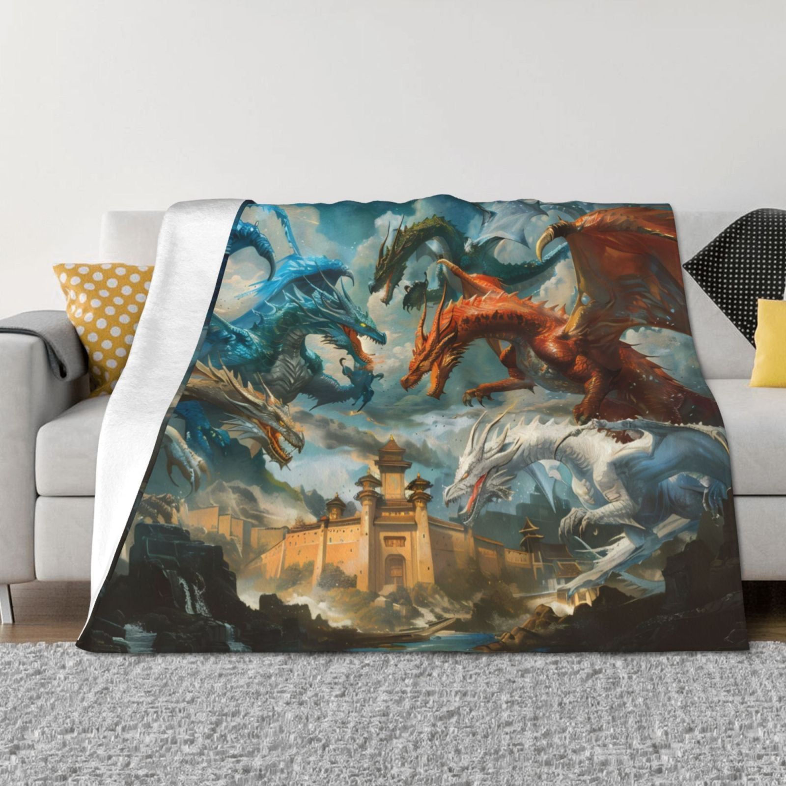Vsdgher Red Blue Dragon Battle Epic Pattern Fleece Throw Blanket ...