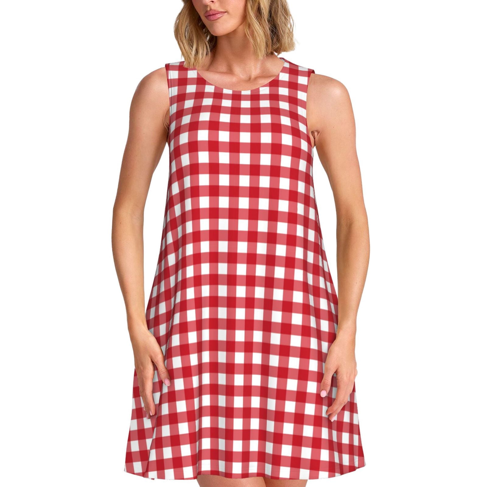 Vsdgher Red Checkboard Print Summer Dresses for Women Casual U Neck ...