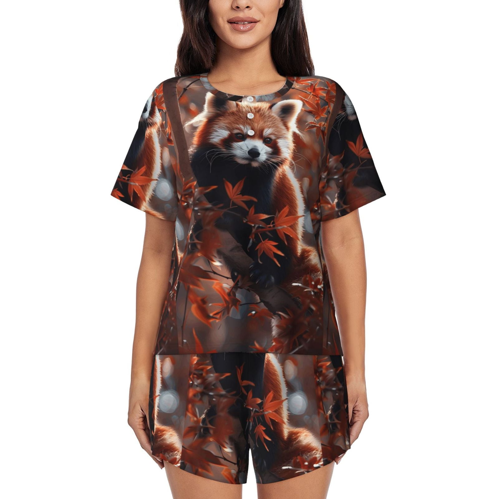Vsdgher Red Panda Autumn Branches Pattern Womens Pajamas 2 Piece Short ...