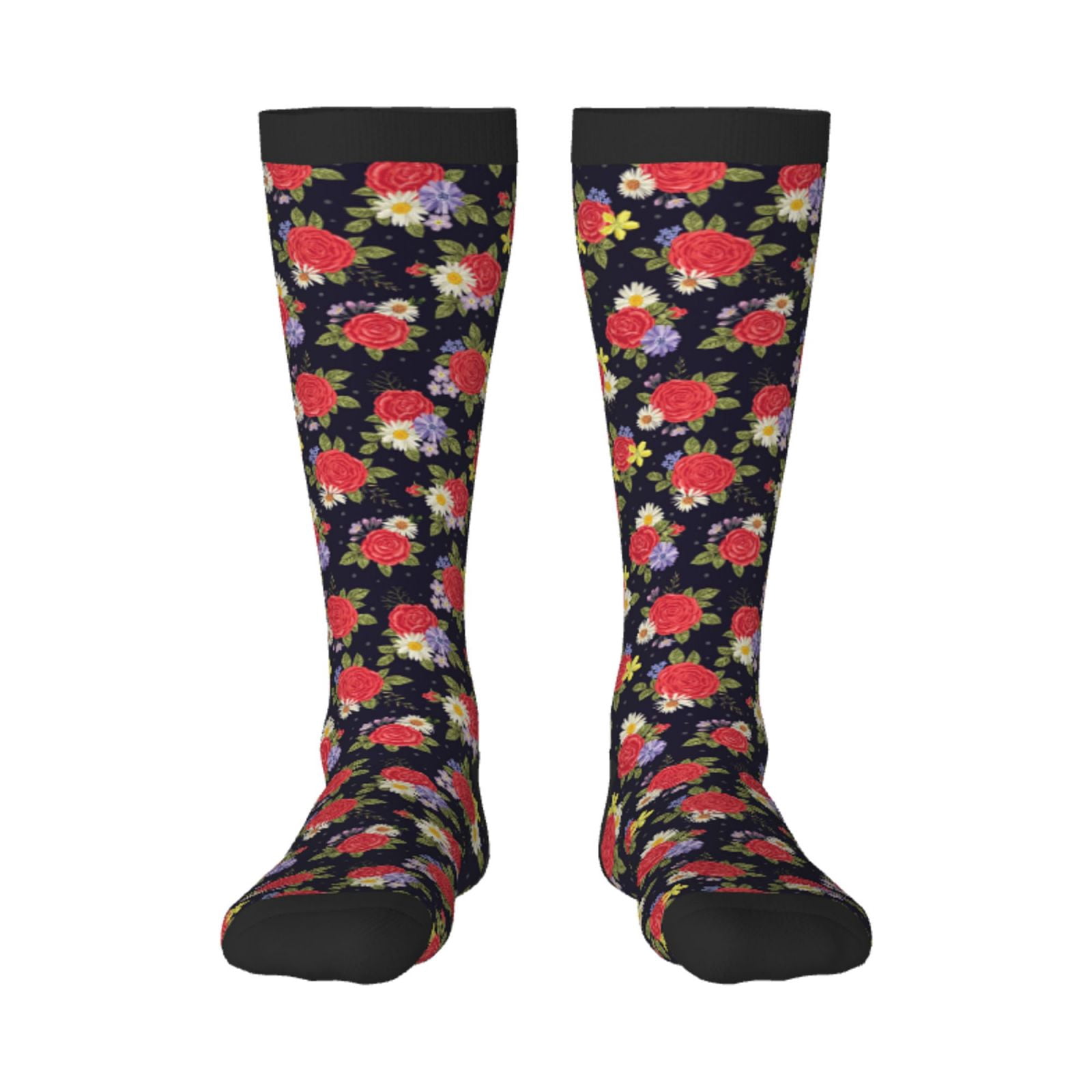 Vsdgher Red Rose Flower Print Thigh High Socks Extra Long Stretchy Sock ...